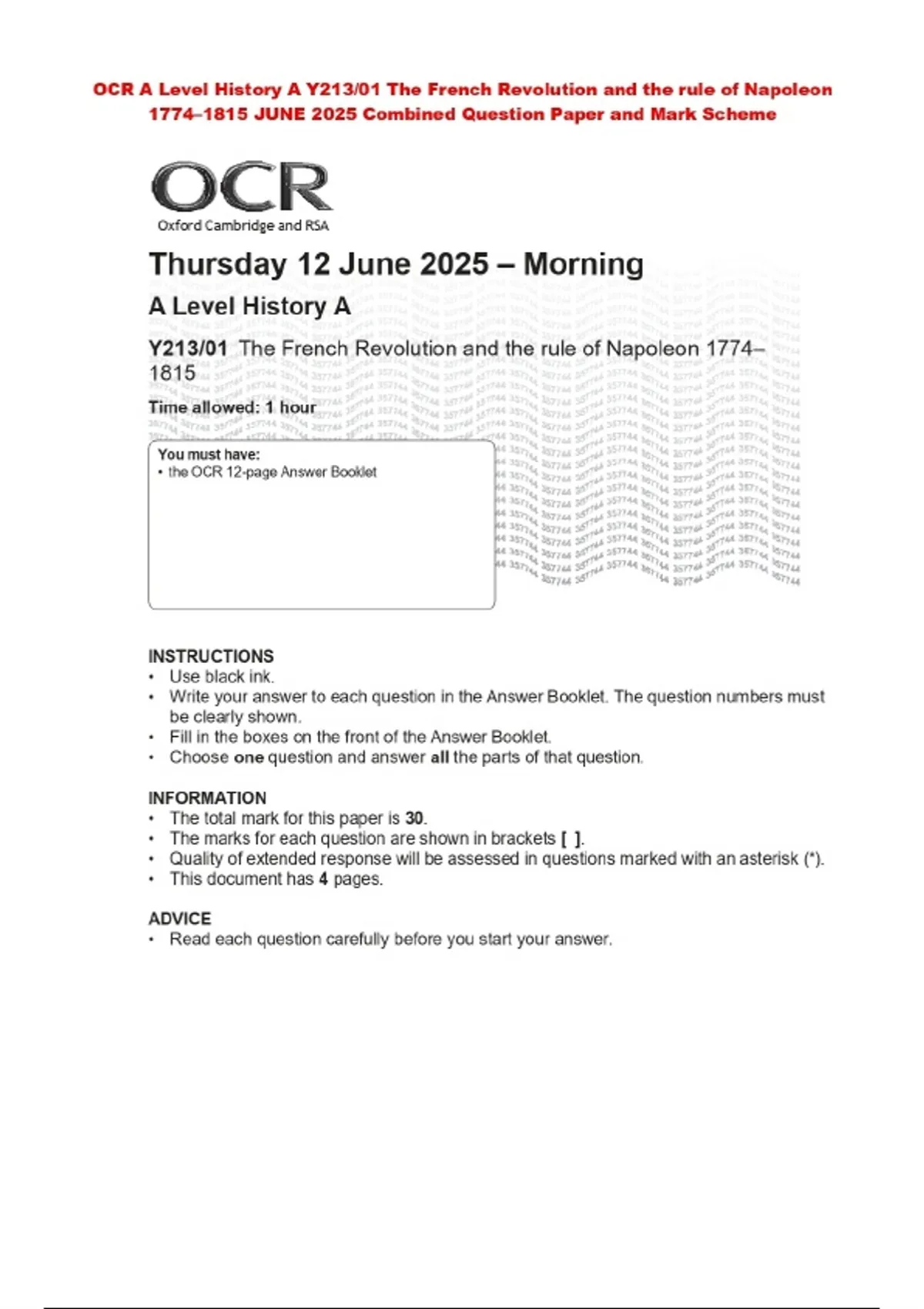 OCR A Level History A Y213/01 The French Revolution and the rule of ...