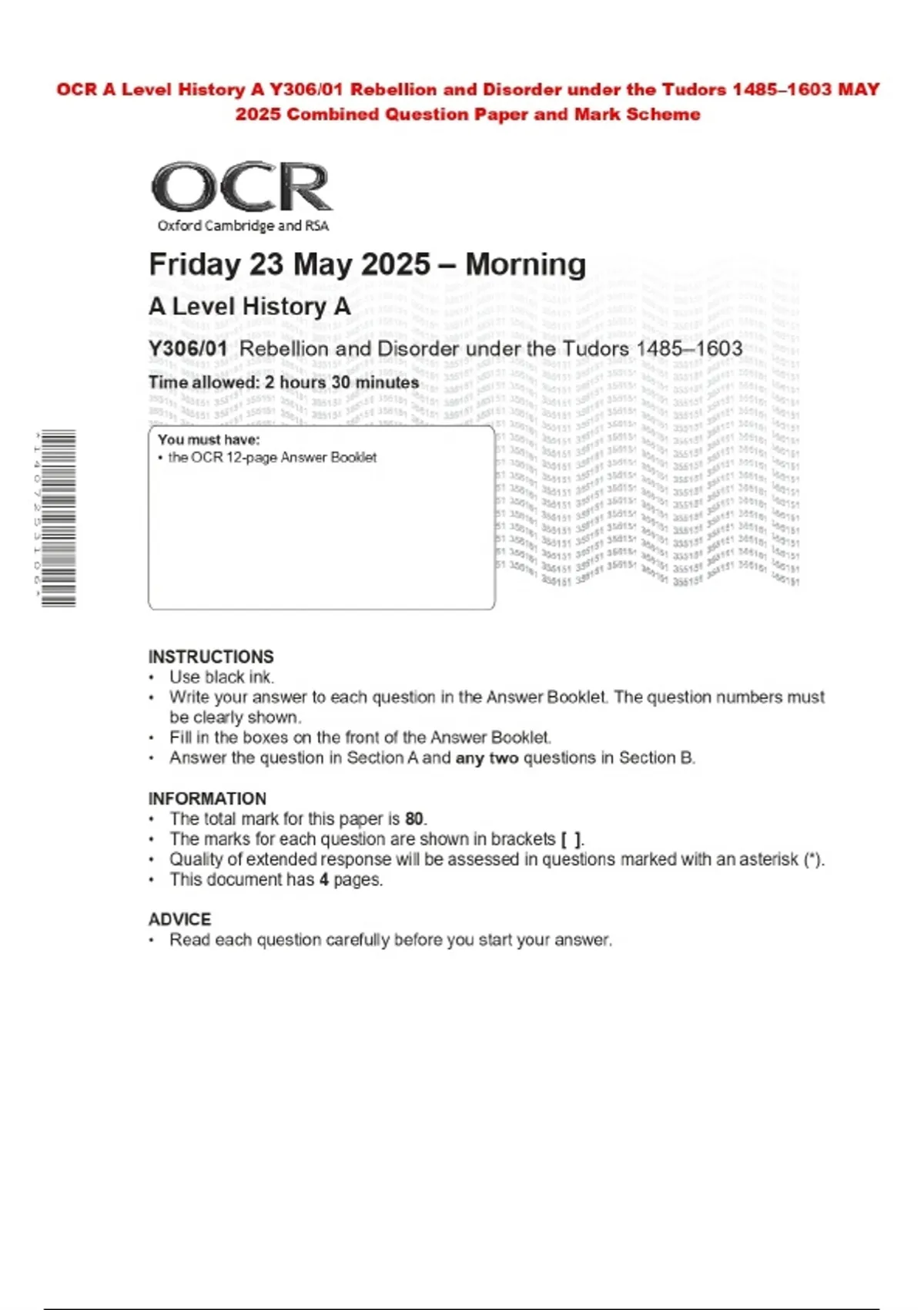 OCR A Level History A Y306/01 Rebellion and Disorder under the Tudors ...