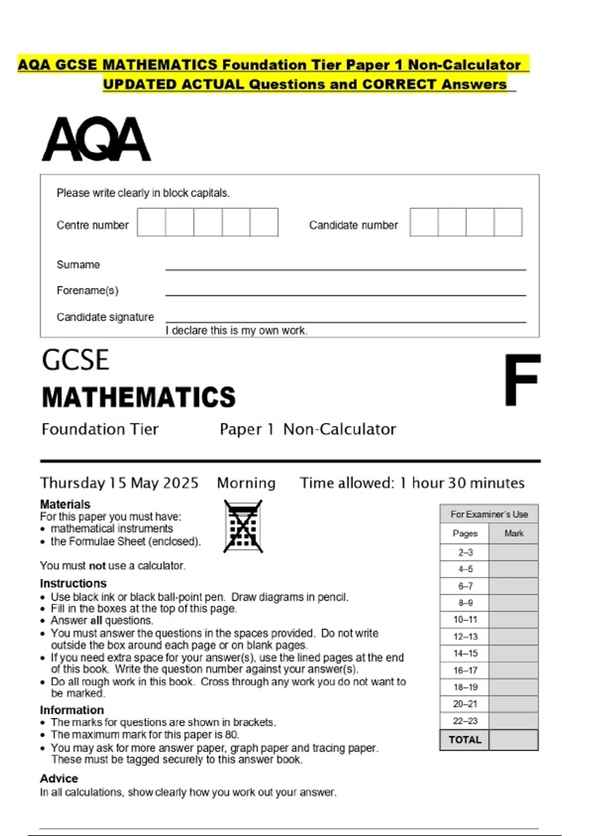 AQA GCSE MATHEMATICS Foundation Tier Paper 1 Non-Calculator UPDATED ...