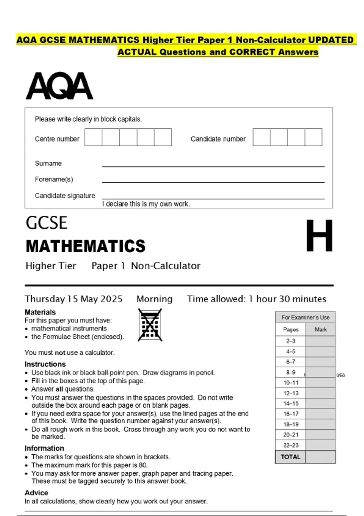 AQA GCSE MATHEMATICS Higher Tier Paper 1 Non-Calculator UPDATED ACTUAL Questions and CORRECT ...