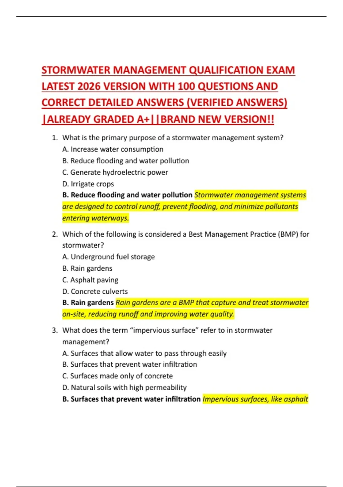 STORMWATER MANAGEMENT QUALIFICATION EXAM LATEST 2026 VERSION WITH 100 ...