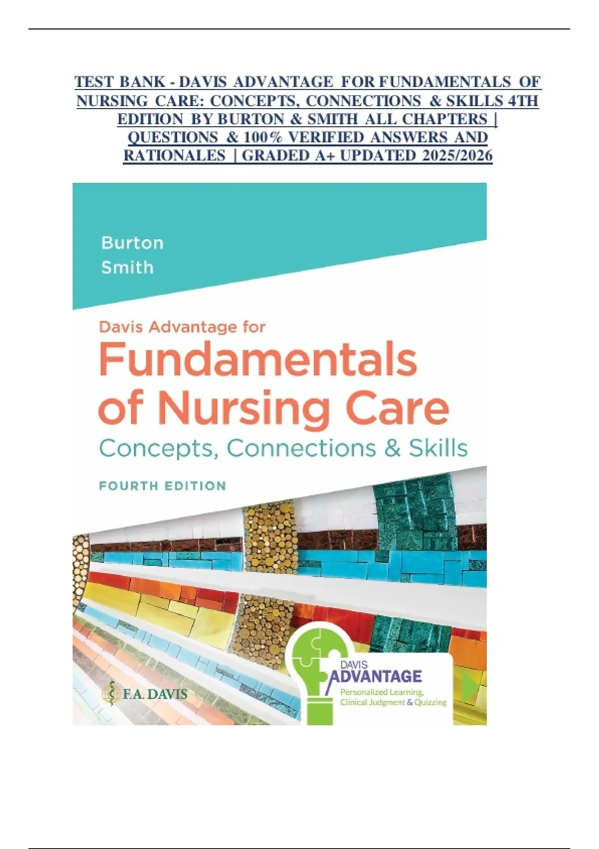 TEST BANK SOLUTIONS-Fundamentals of Nursing Care Concepts, Connections ...
