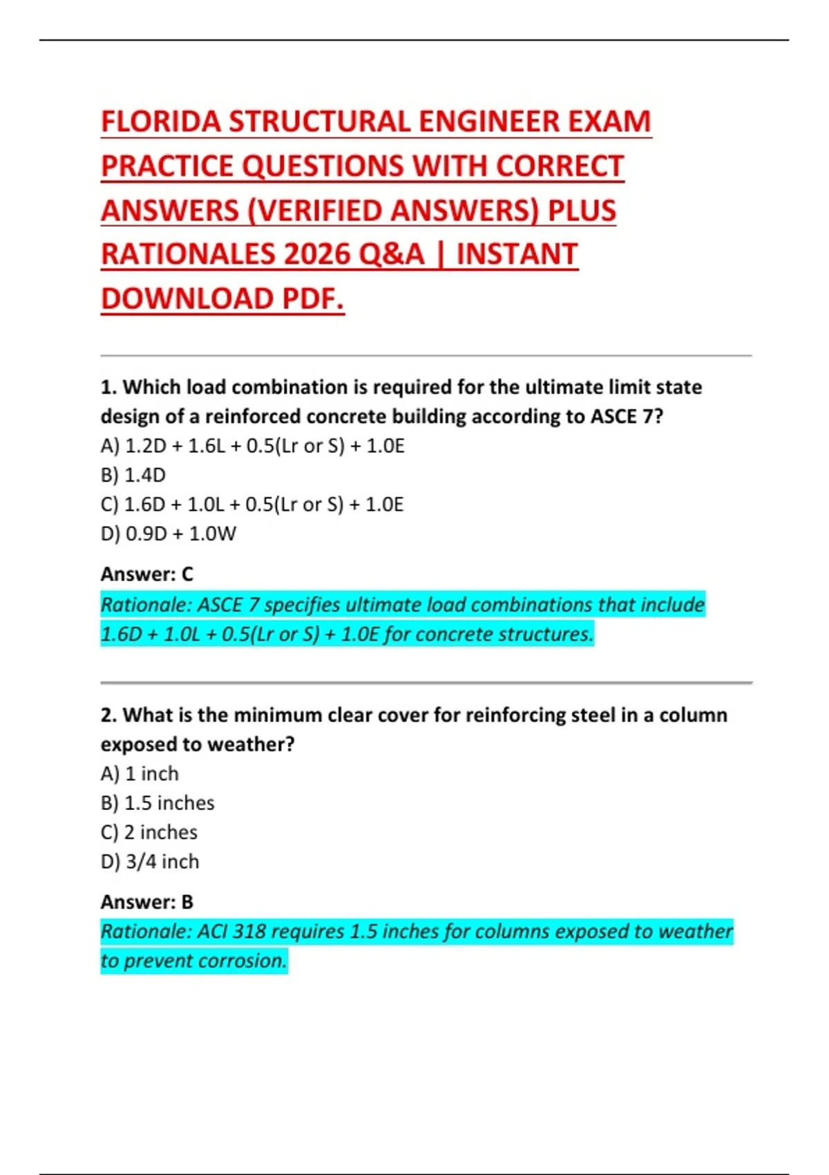 FLORIDA STRUCTURAL ENGINEER EXAM PRACTICE QUESTIONS WITH CORRECT ...