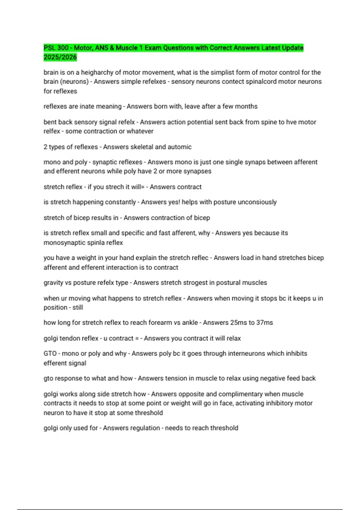 PSL 300 - Motor, ANS & Muscle 1 Exam Questions with Correct Answers ...