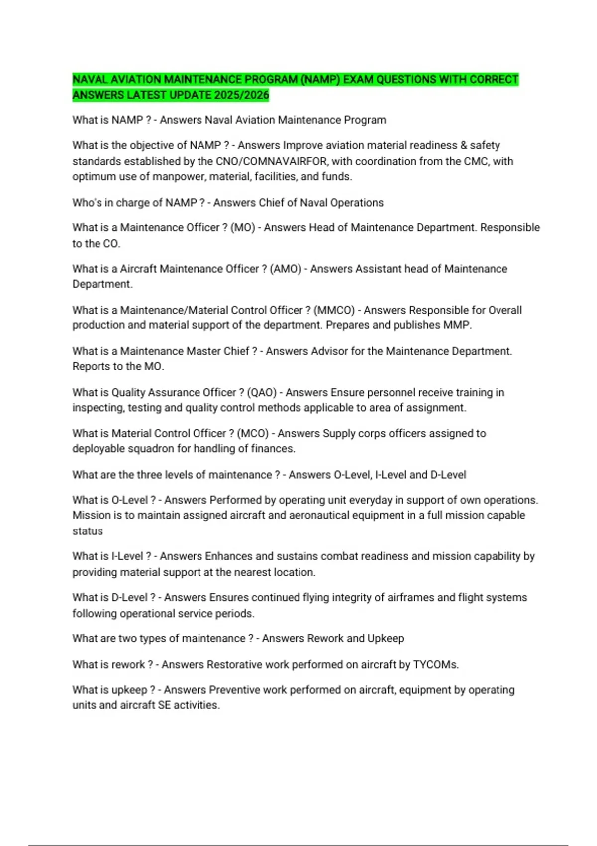 NAVAL AVIATION MAINTENANCE PROGRAM (NAMP) EXAM QUESTIONS WITH CORRECT ...