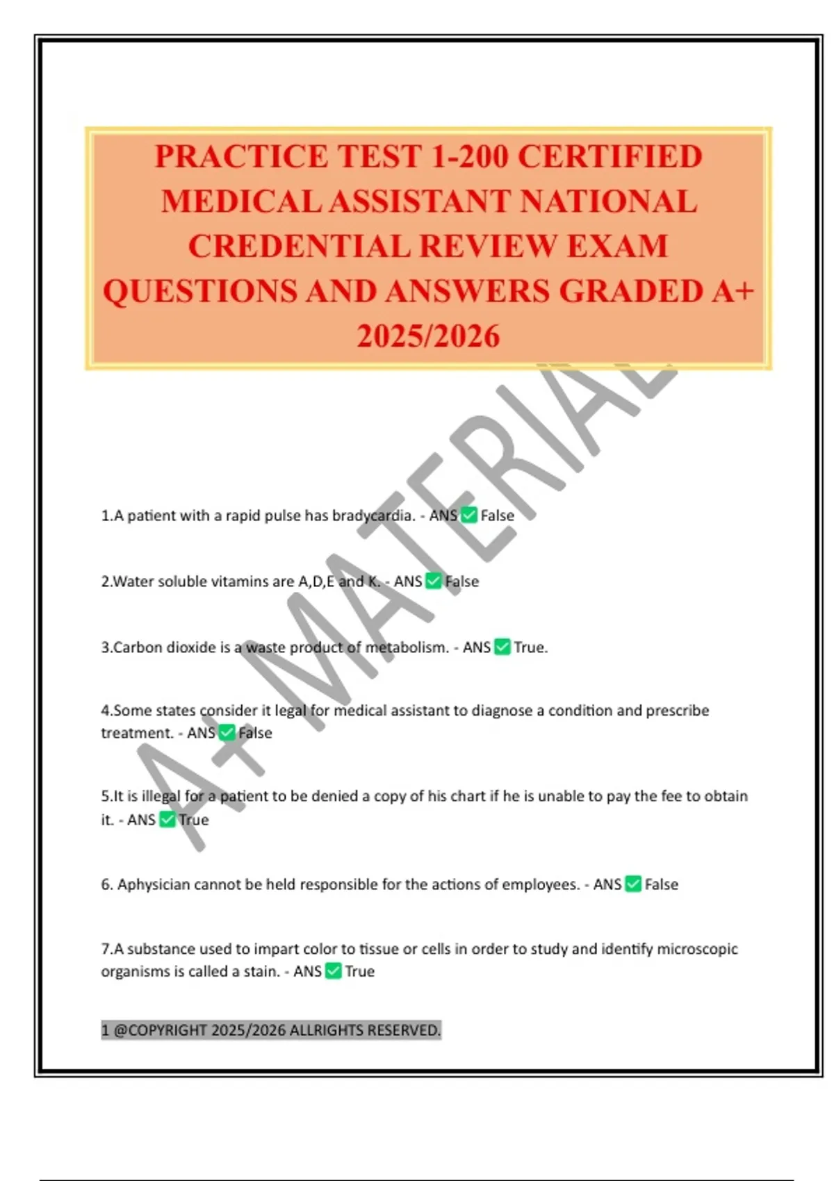 PRACTICE TEST 1-200 CERTIFIED MEDICAL ASSISTANT NATIONAL CREDENTIAL ...