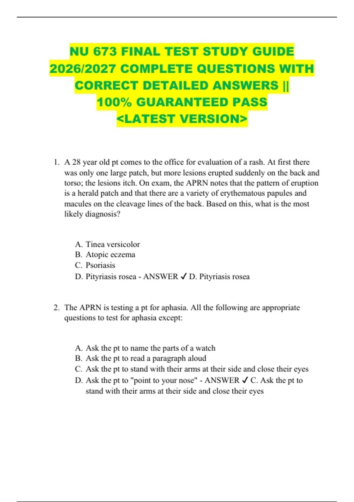 NU 673 FINAL TEST STUDY GUIDE 2026/2027 COMPLETE QUESTIONS WITH CORRECT ...