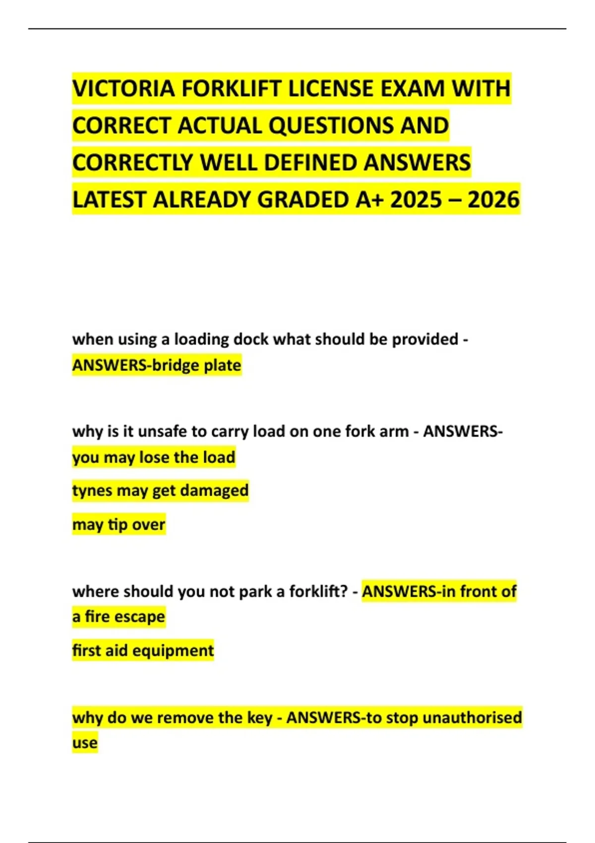 VICTORIA FORKLIFT LICENSE EXAM WITH CORRECT ACTUAL QUESTIONS AND ...