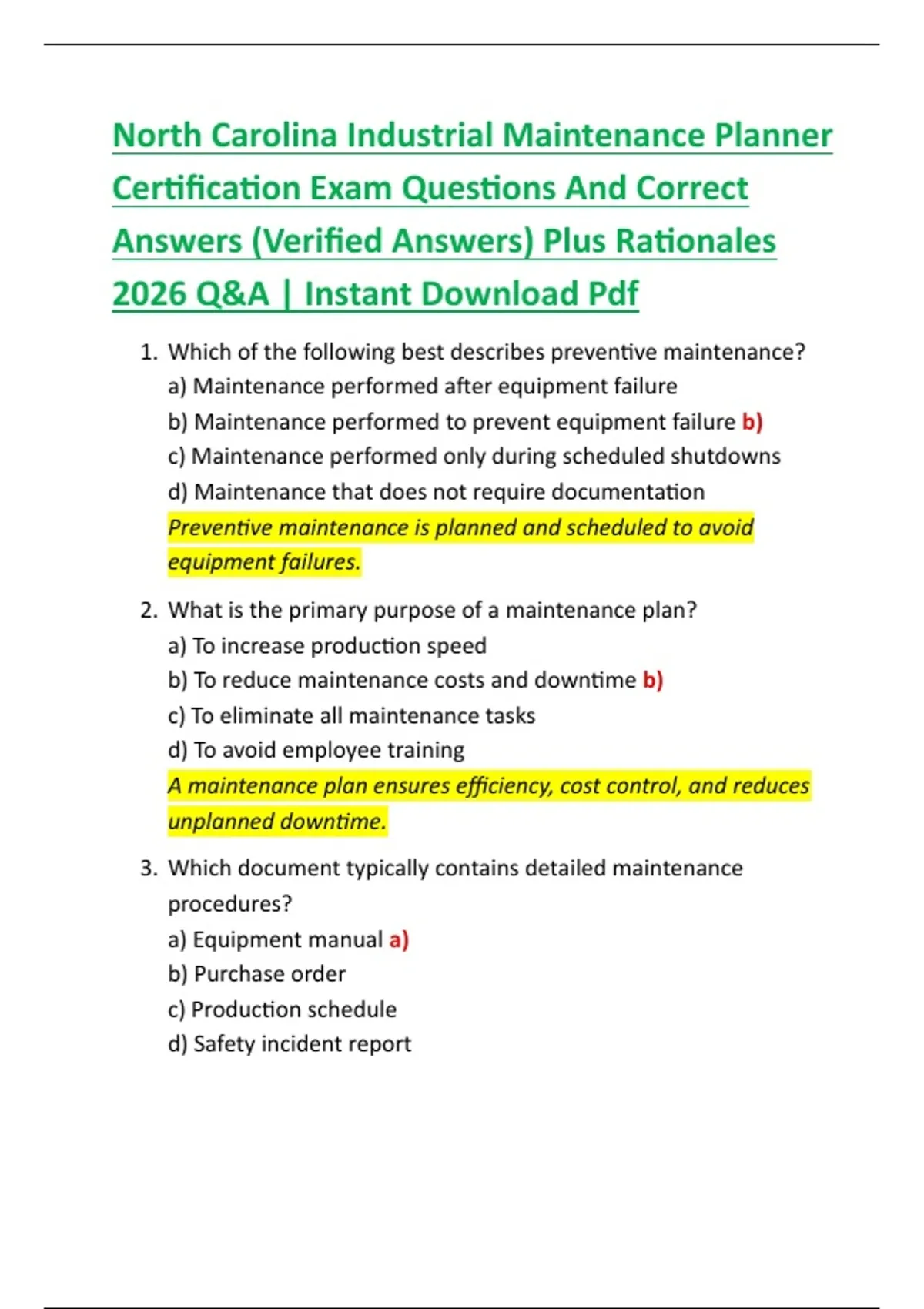 North Carolina Industrial Maintenance Planner Certification Exam ...