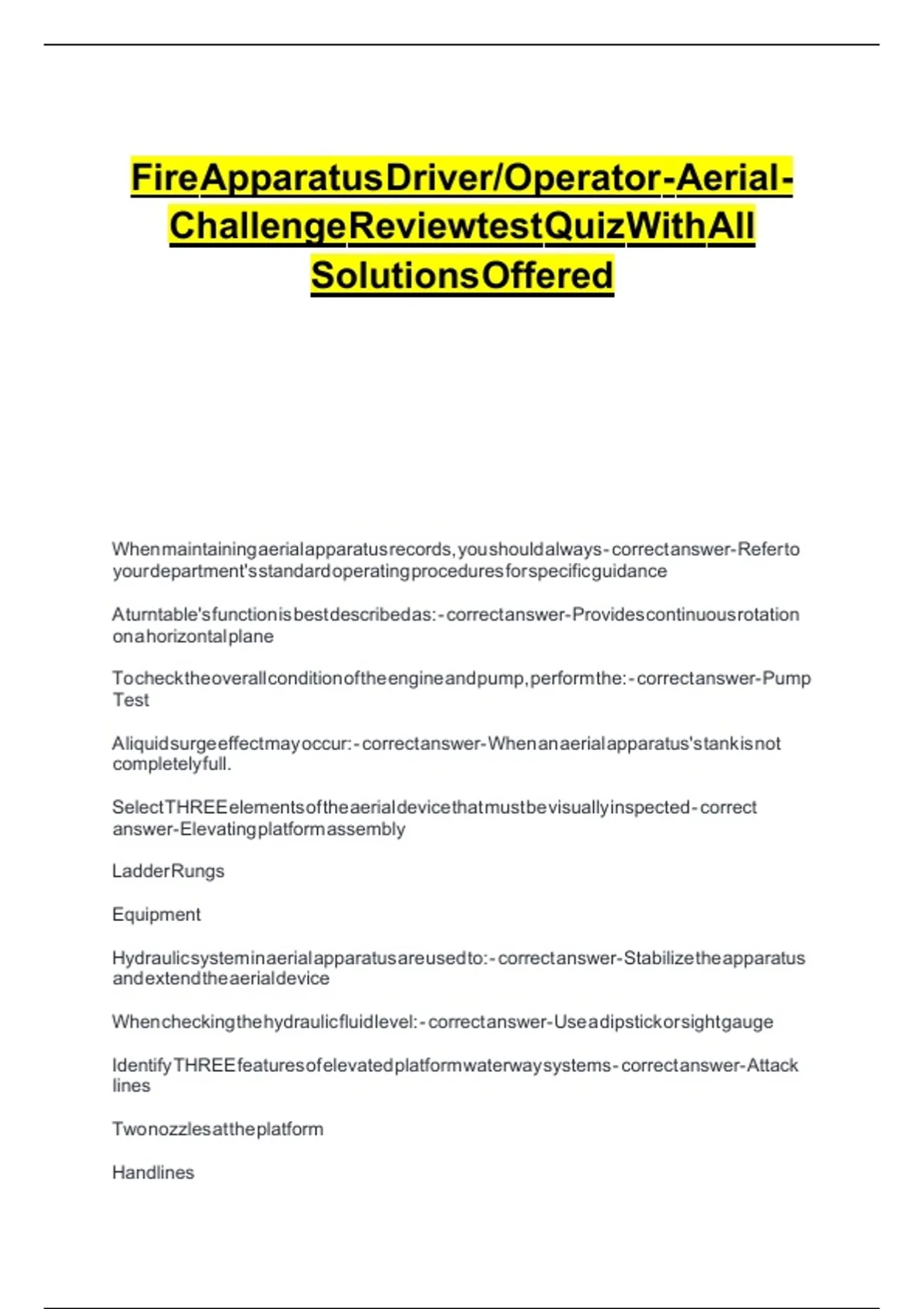 FIRE APPARATUS DRIVER OPERATOR AERIAL CHALLENGE REVIEWTEST QUIZ WITH ...