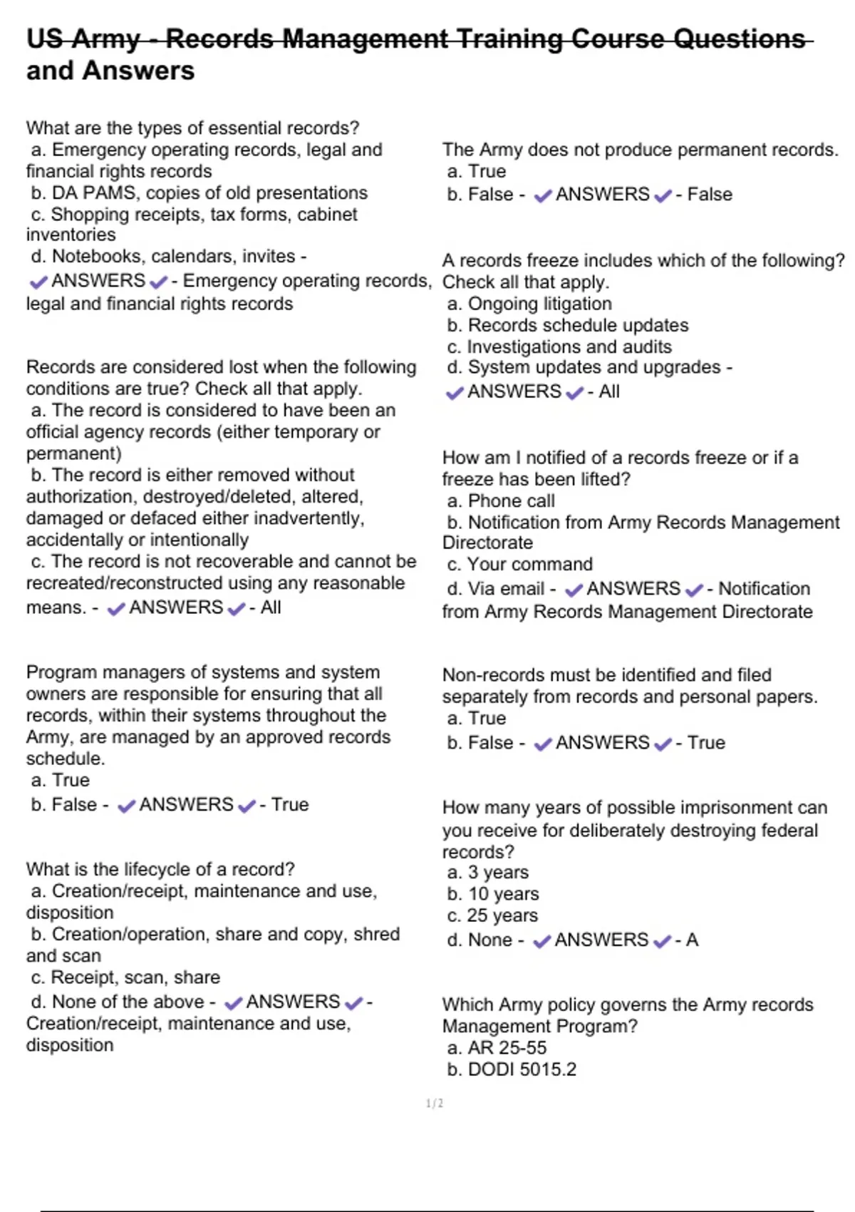 US Army - Records Management Training Course Questions and Answers - US ...