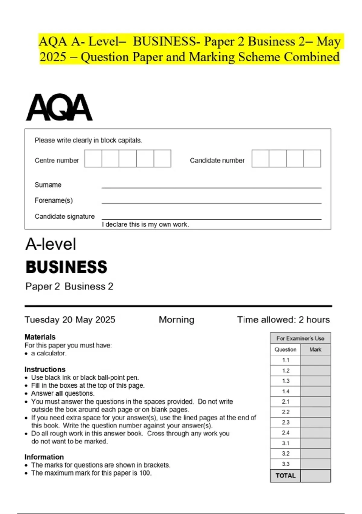 AQA A- Level- BUSINESS- Paper 2 Business 2- May 2025 - Question Paper ...