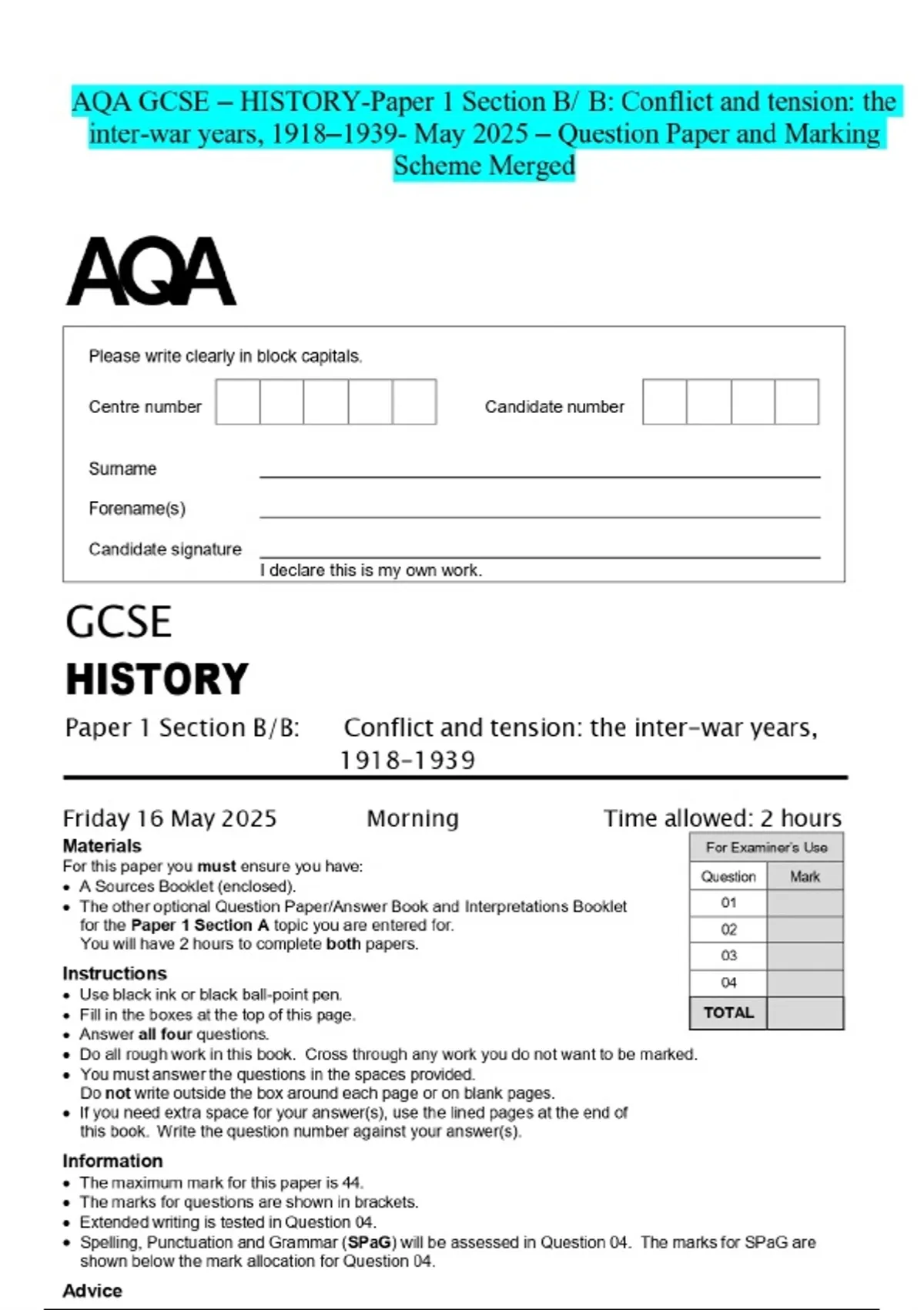 AQA GCSE - HISTORY-Paper 1 Section B/ B: Conflict and tension: the ...