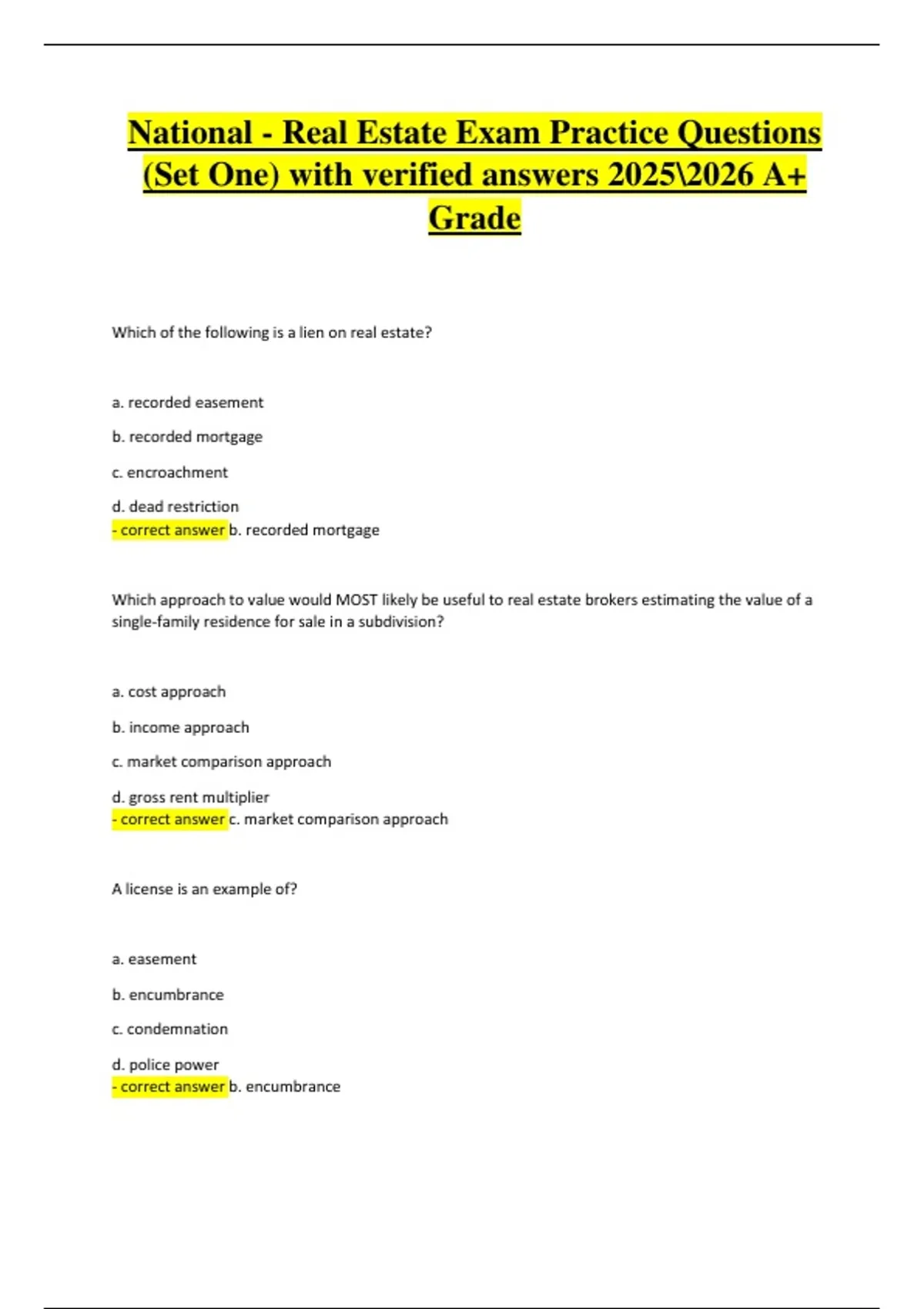 National Real Estate Exam Practice Questions (Set One) | Verified ...