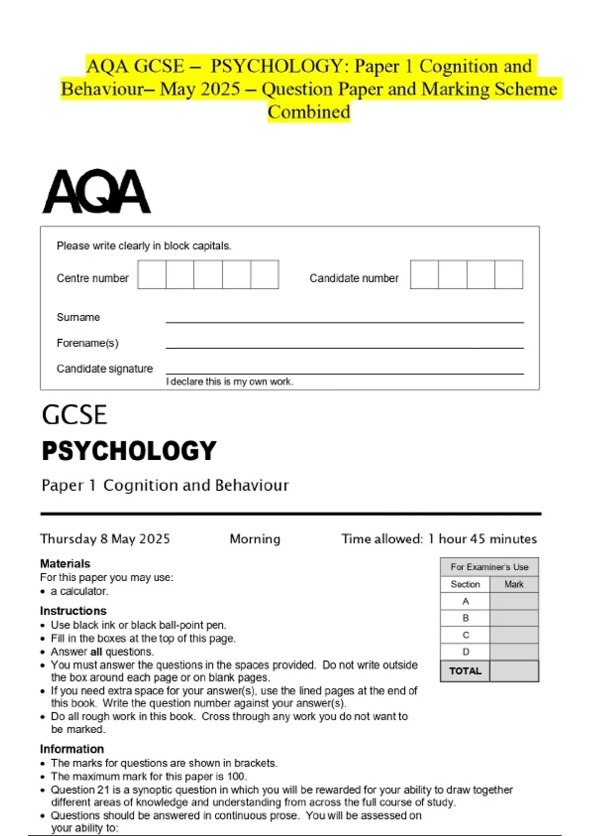 AQA GCSE - PSYCHOLOGY: Paper 1 Cognition and Behaviour- May 2025 ...