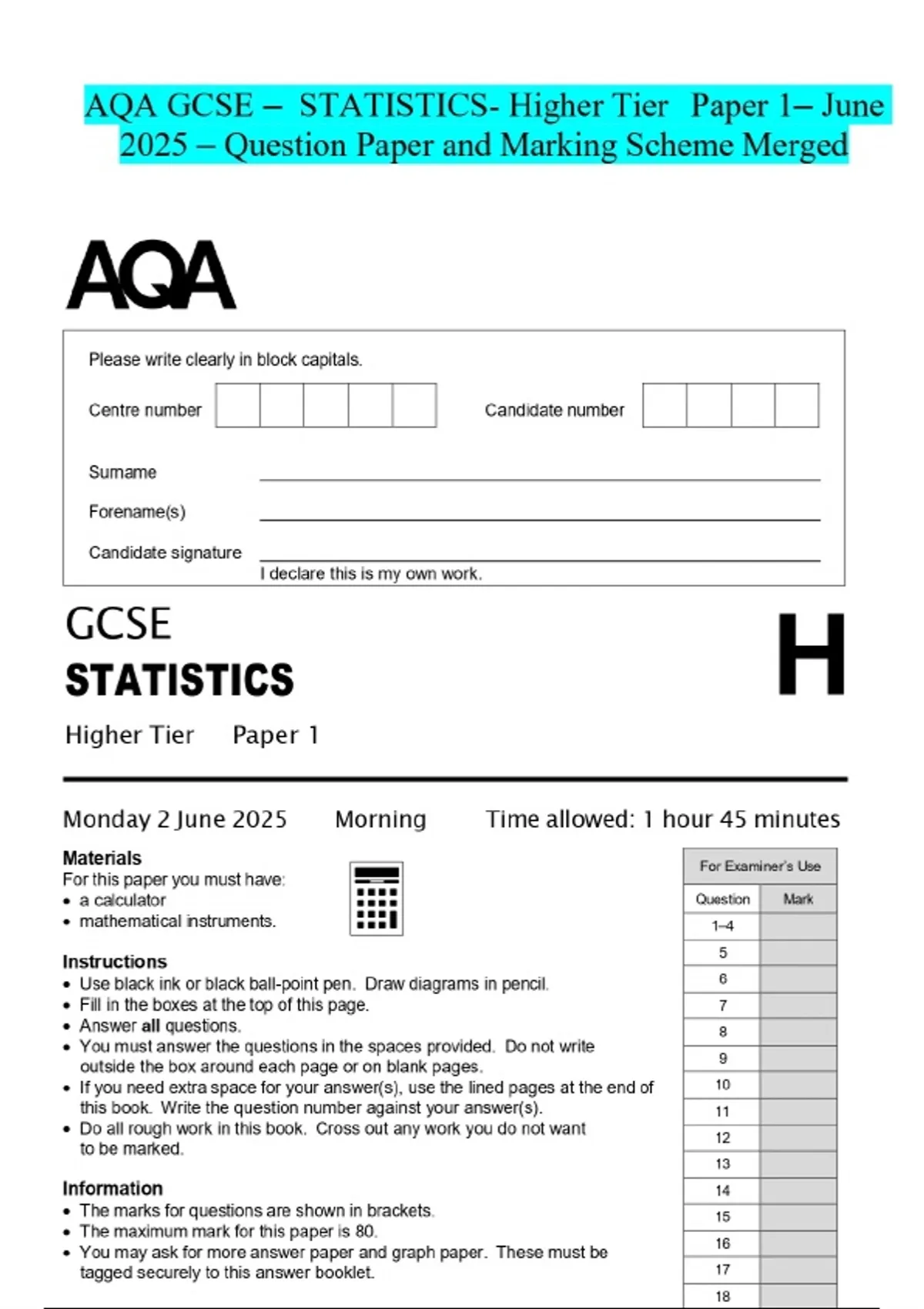 AQA GCSE - STATISTICS- Higher Tier Paper 1- June 2025 - Question Paper ...
