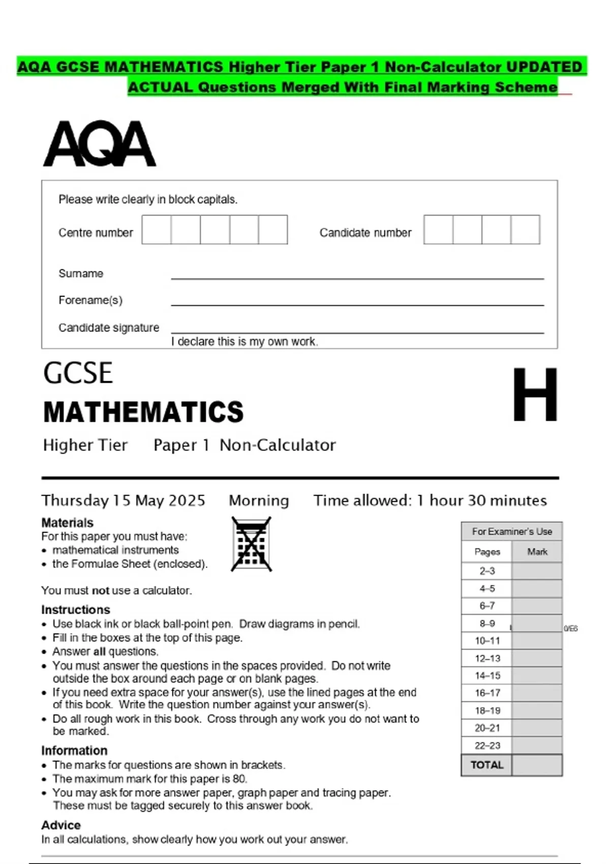 AQA GCSE MATHEMATICS Higher Tier Paper 1 Non-Calculator UPDATED ACTUAL ...