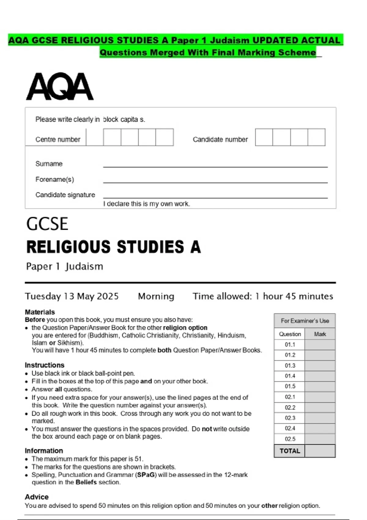 AQA GCSE RELIGIOUS STUDIES A Paper 1 Judaism UPDATED ACTUAL Questions Merged With Final Marking ...