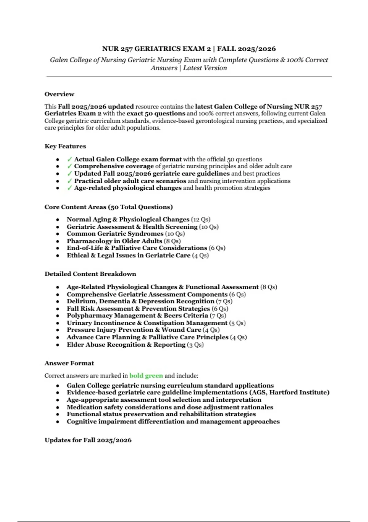 NUR 257 Geriatrics Exam 2 Fall 2025/2026 | Galen College of Nursing ...