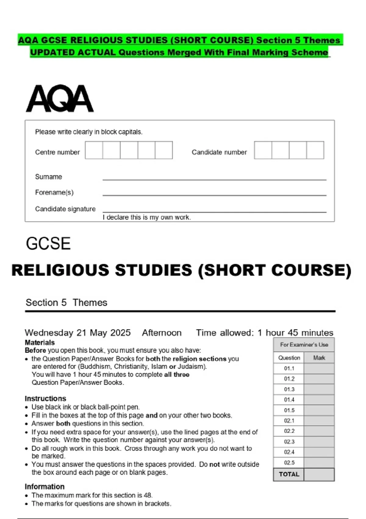 AQA GCSE RELIGIOUS STUDIES (SHORT COURSE) Section 5 Themes UPDATED ...