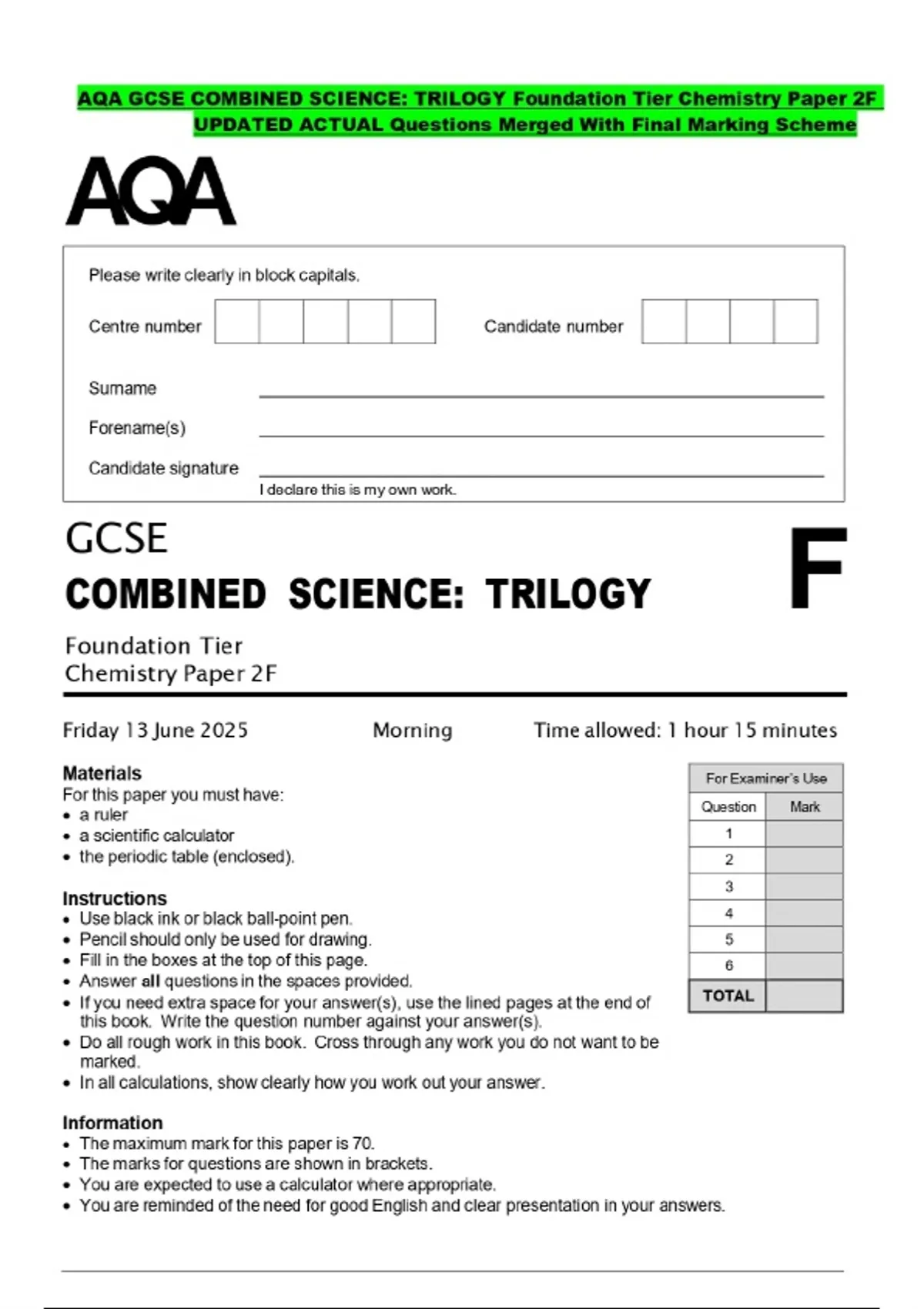 AQA GCSE COMBINED SCIENCE: TRILOGY Foundation Tier Chemistry Paper 2F ...
