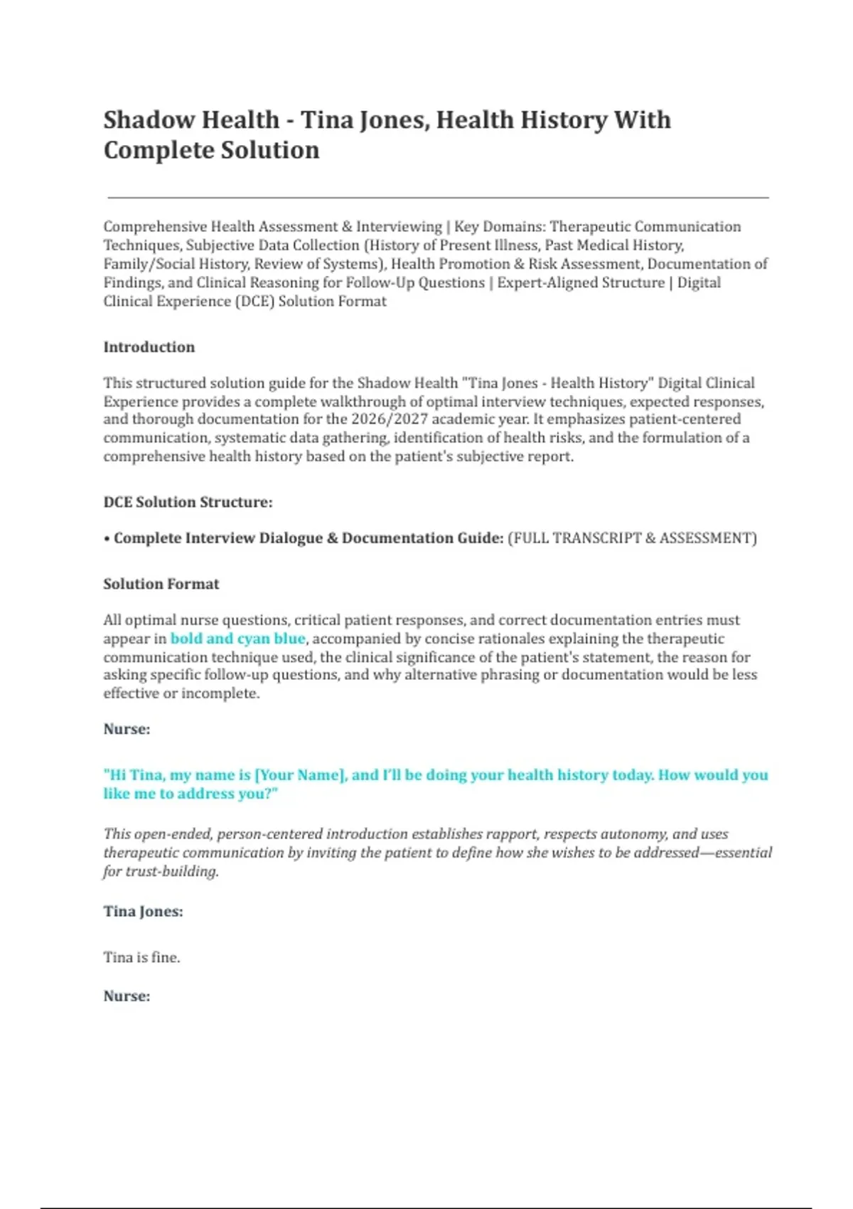 Shadow Health – Tina Jones Health History Assessment | Complete ...