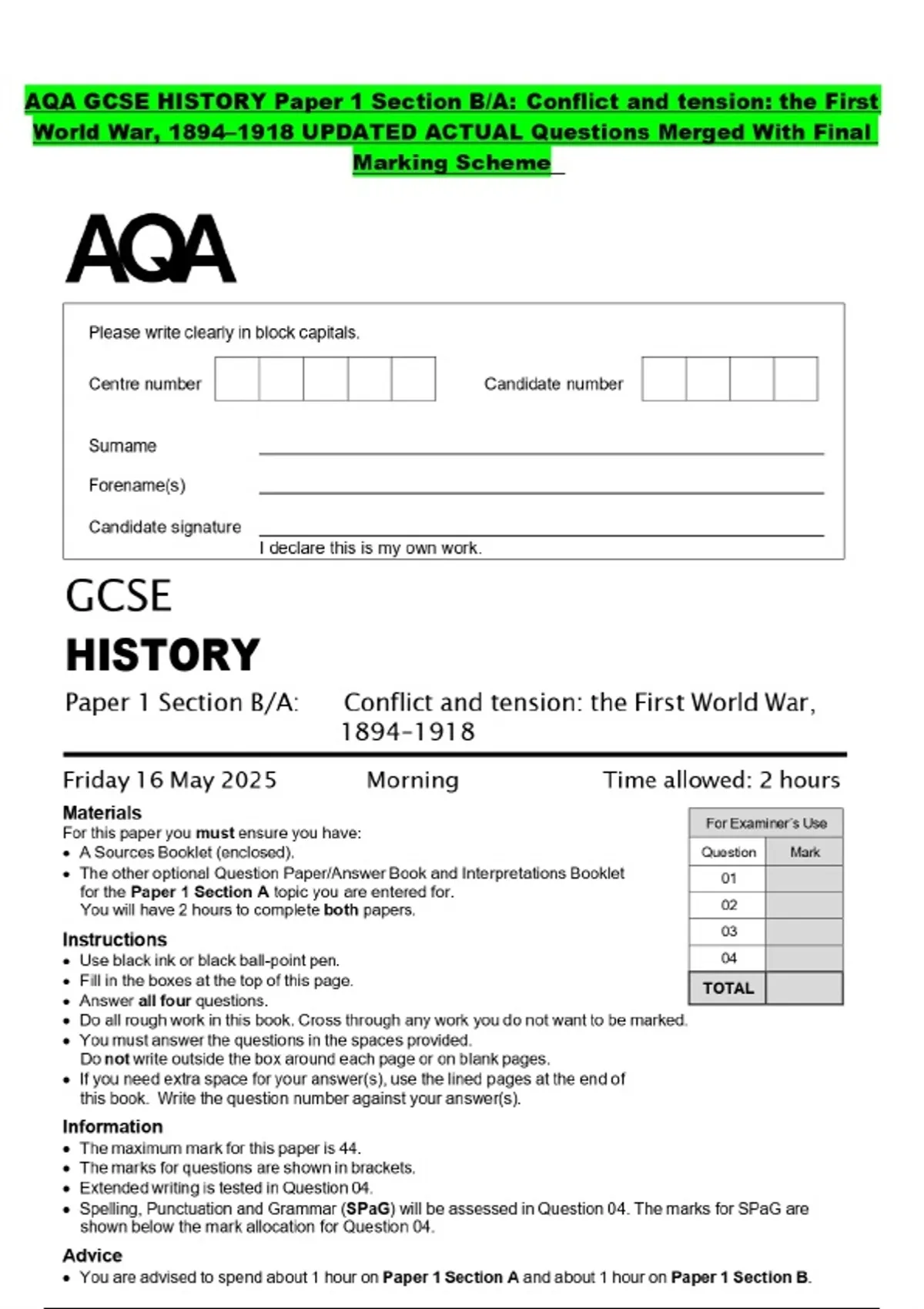 AQA GCSE HISTORY Paper 1 Section B/A: Conflict and tension: the First ...