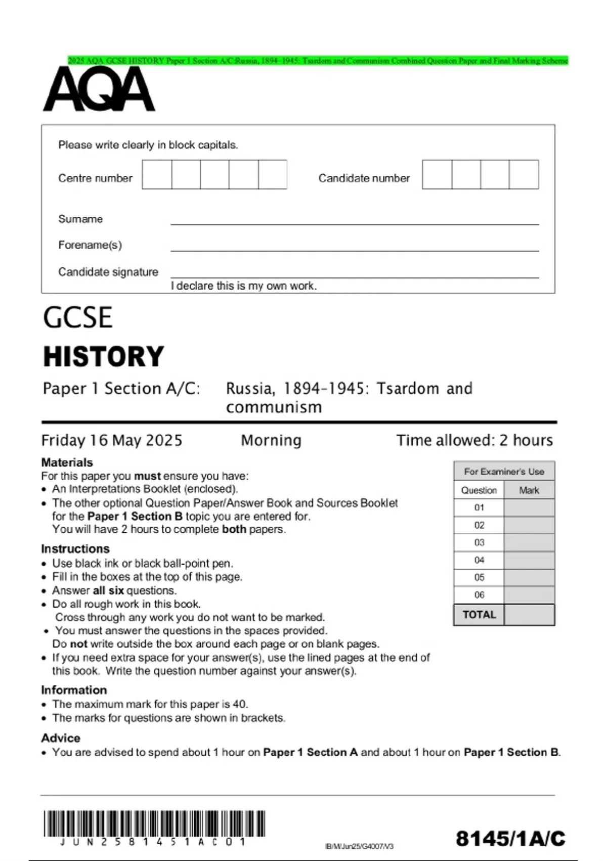2025 AQA GCSE HISTORY Paper 1 Section A/C:Russia, 1894–1945: Tsardom ...