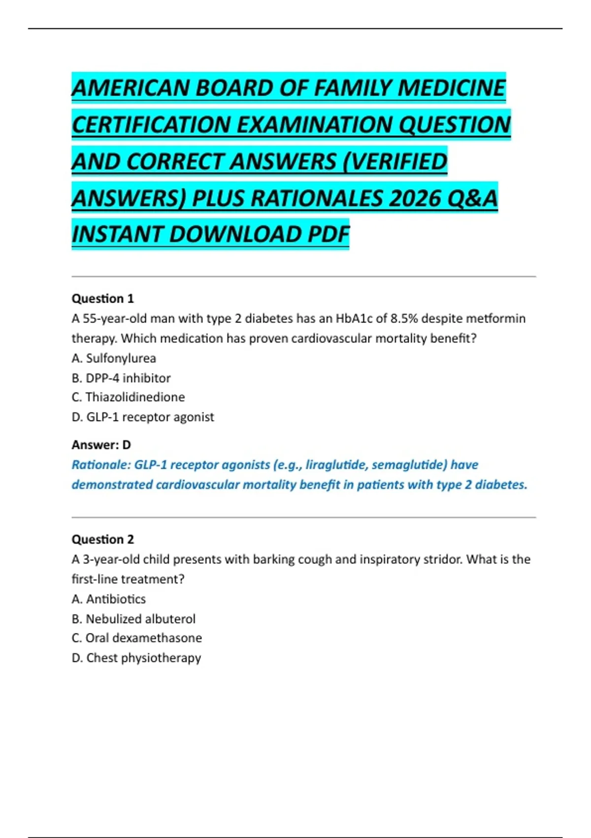 AMERICAN BOARD OF FAMILY MEDICINE CERTIFICATION EXAMINATION QUESTION ...