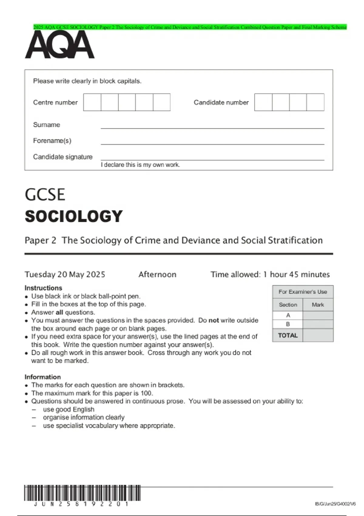 2025 AQA GCSE SOCIOLOGY Paper 2 The Sociology of Crime and Deviance and ...