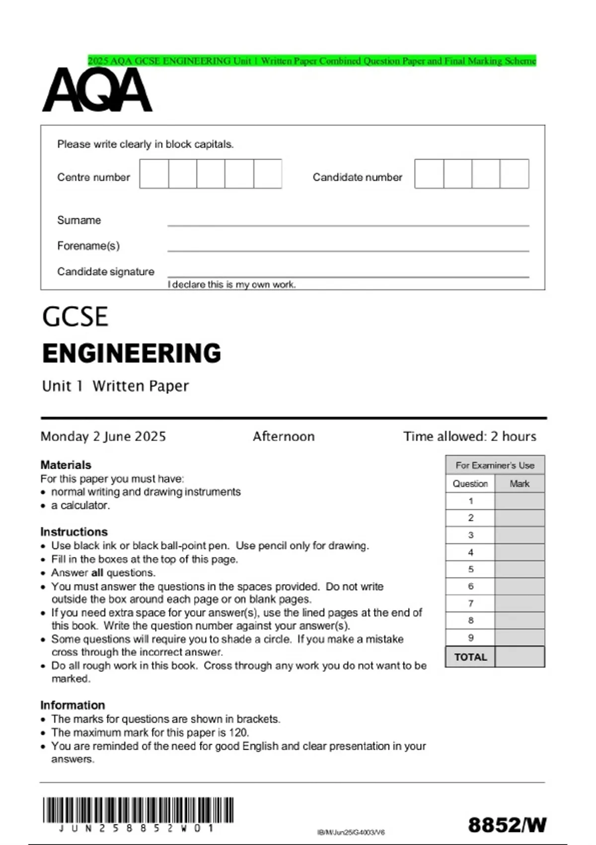 2025 AQA GCSE ENGINEERING Unit 1 Written Paper Combined Question Paper ...