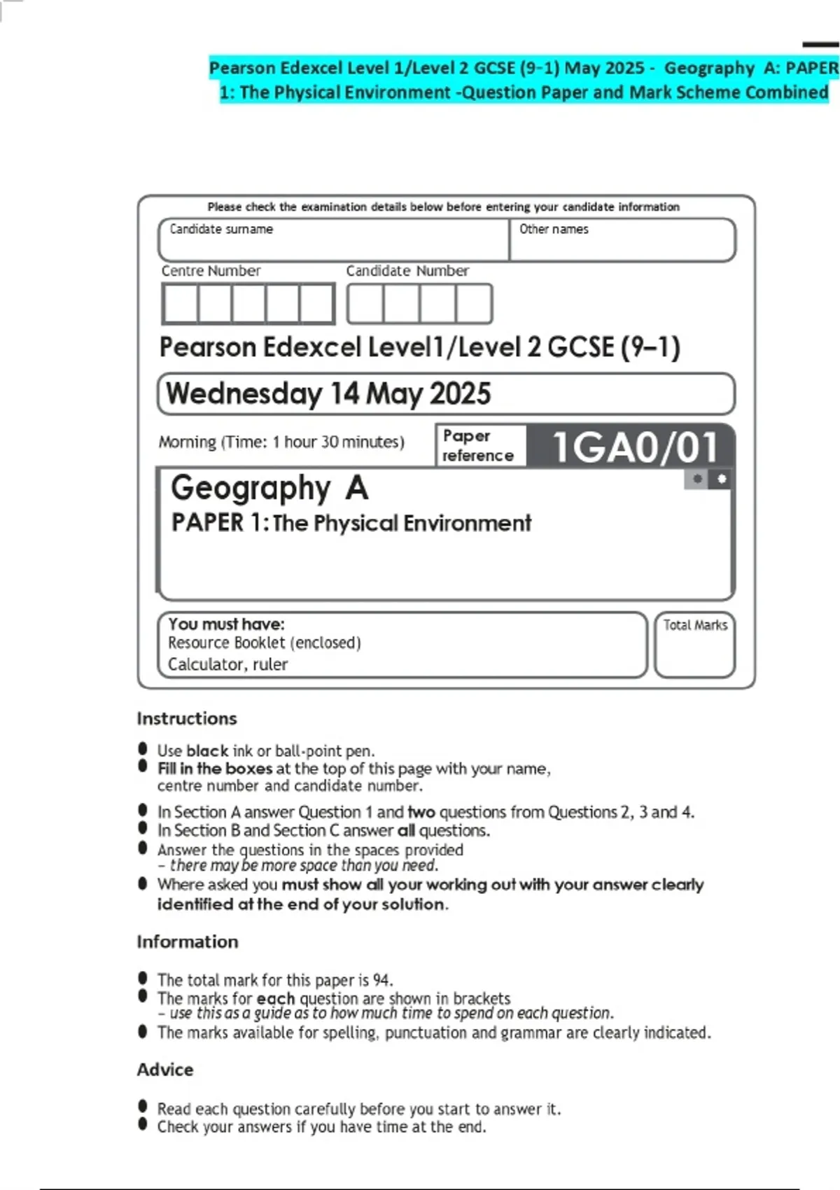 Pearson Edexcel Level 1/Level 2 GCSE (9-1) May 2025 - Geography A ...