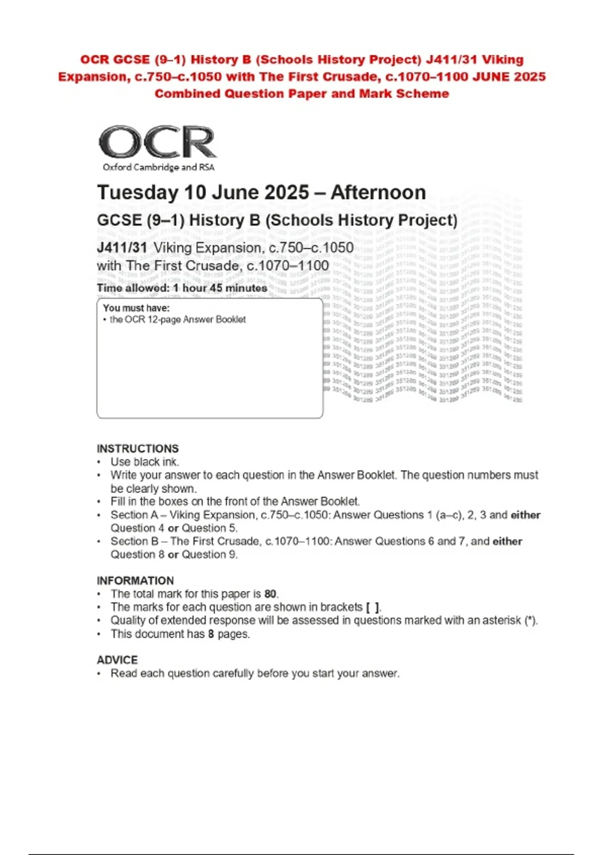 OCR GCSE (9–1) History B (Schools History Project) J411/31 Viking ...