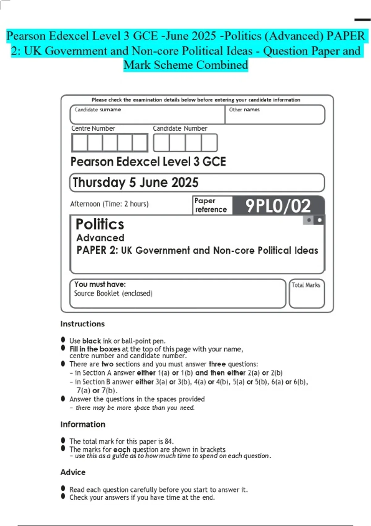 Pearson Edexcel Level 3 GCE -June 2025 -Politics (Advanced) PAPER 2: UK ...