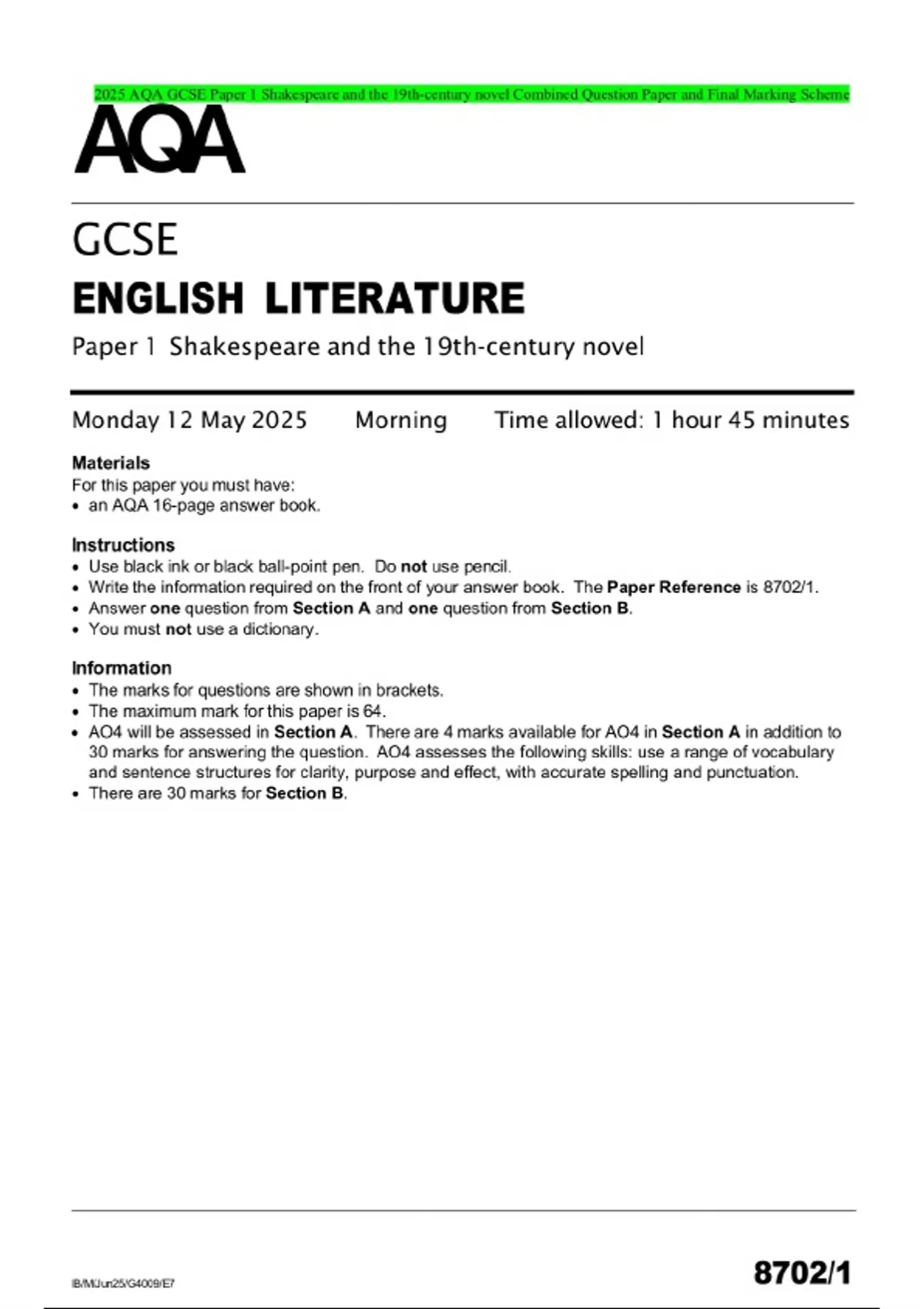 2025 AQA GCSE Paper 1 Shakespeare and the 19th-century novel Combined ...