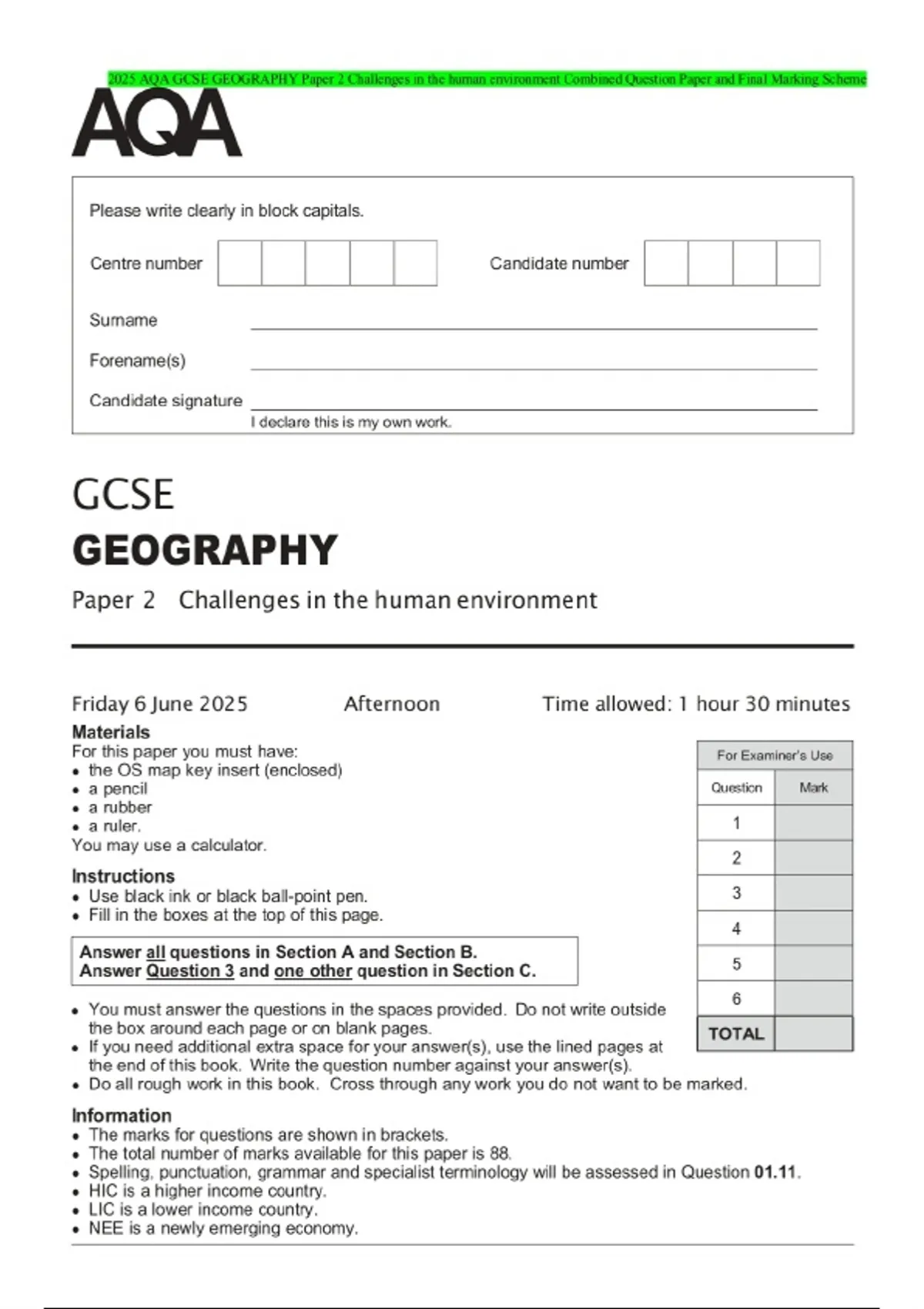 2025 AQA GCSE GEOGRAPHY Paper 2 Challenges in the human environment ...