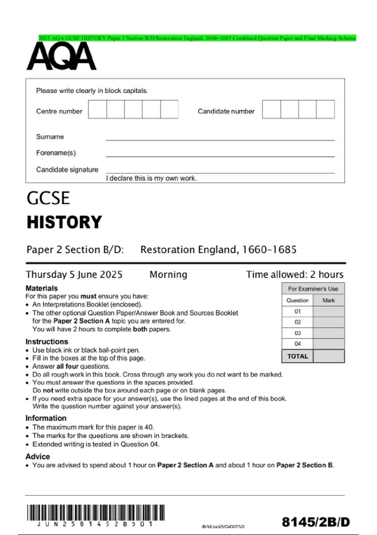 2025 AQA GCSE HISTORY Paper 2 Section B/D:Restoration England, 1660 ...
