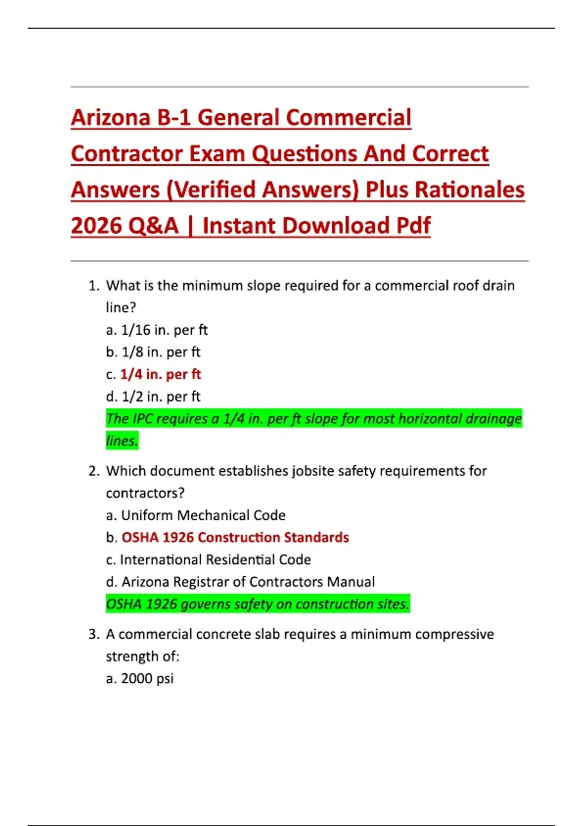 Arizona B-1 General Commercial Contractor Exam Questions And Correct ...