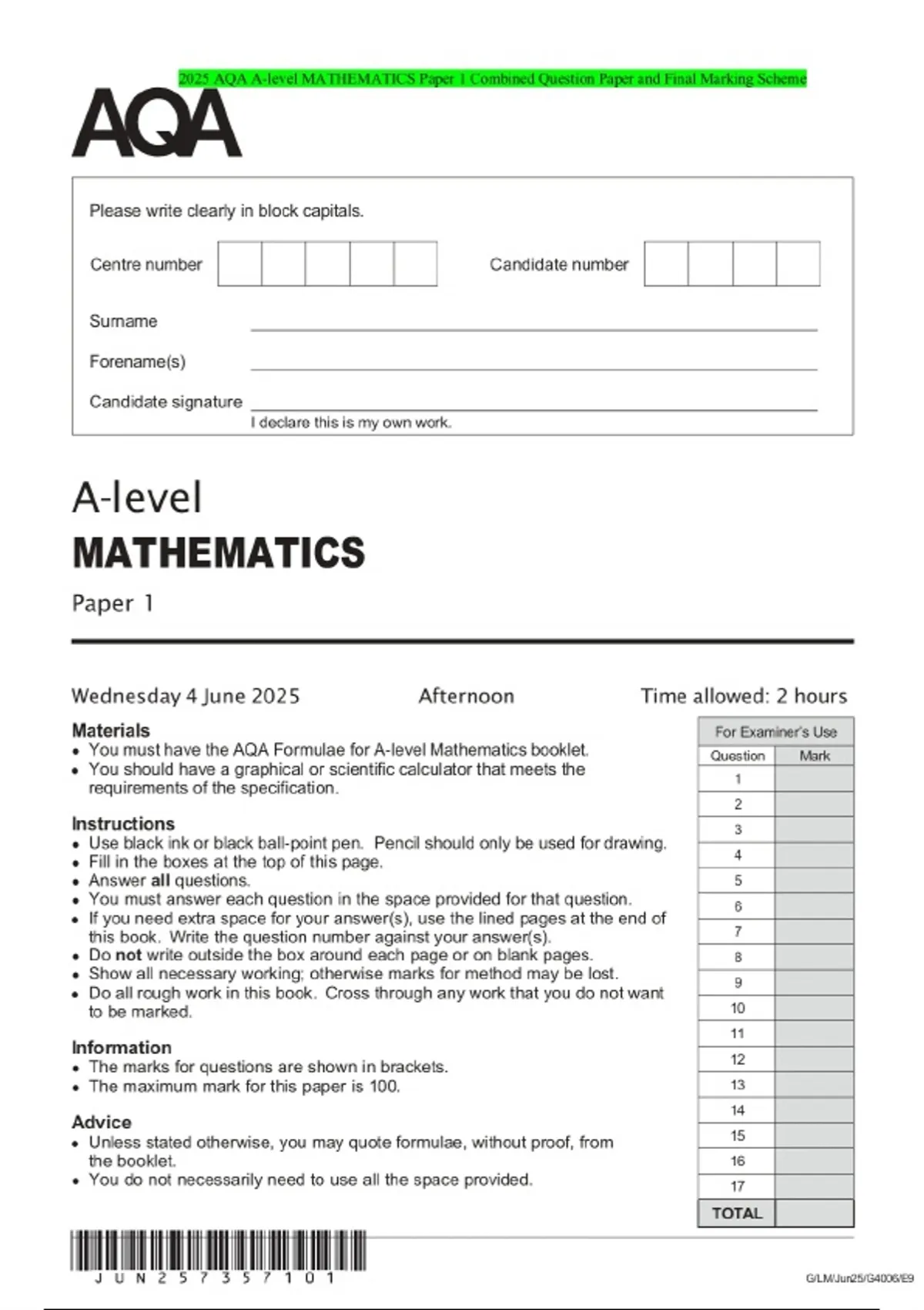 2025 AQA A-level MATHEMATICS Paper 1 Combined Question Paper and Final ...