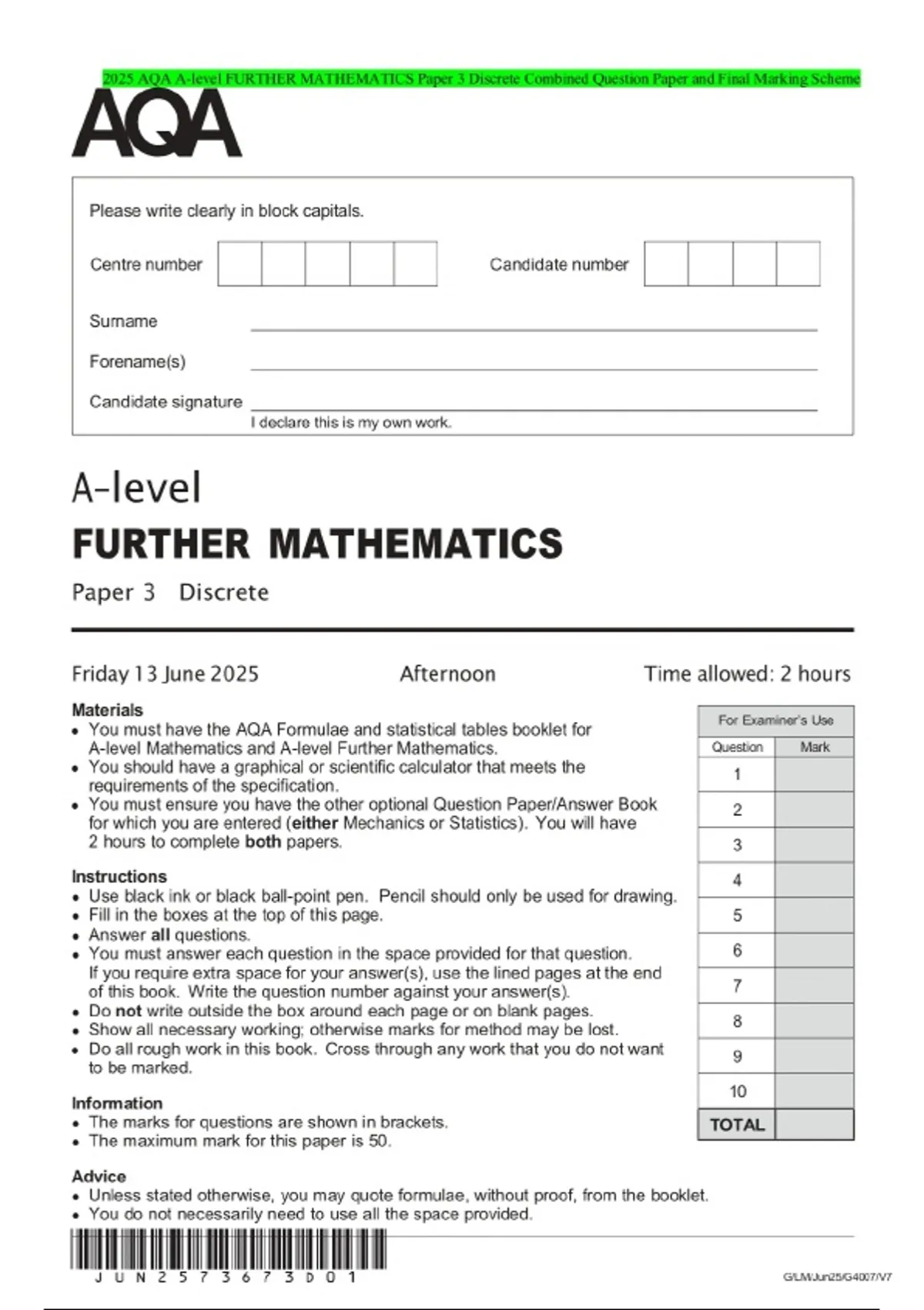 2025 AQA A-level FURTHER MATHEMATICS Paper 3 Discrete Combined Question ...