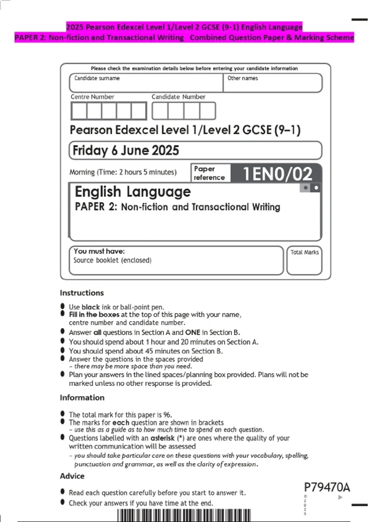 2025 Pearson Edexcel Level 1/Level 2 GCSE (9–1) English Language PAPER ...