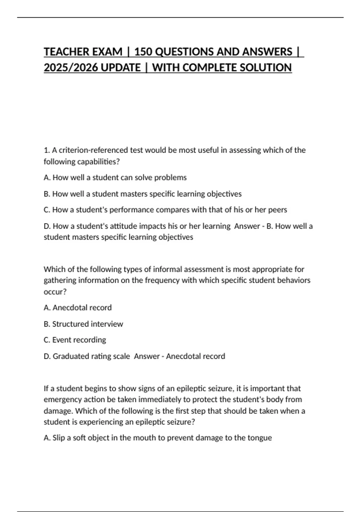 TEACHER EXAM | 150 QUESTIONS AND ANSWERS | 2025/2026 UPDATE | WITH ...