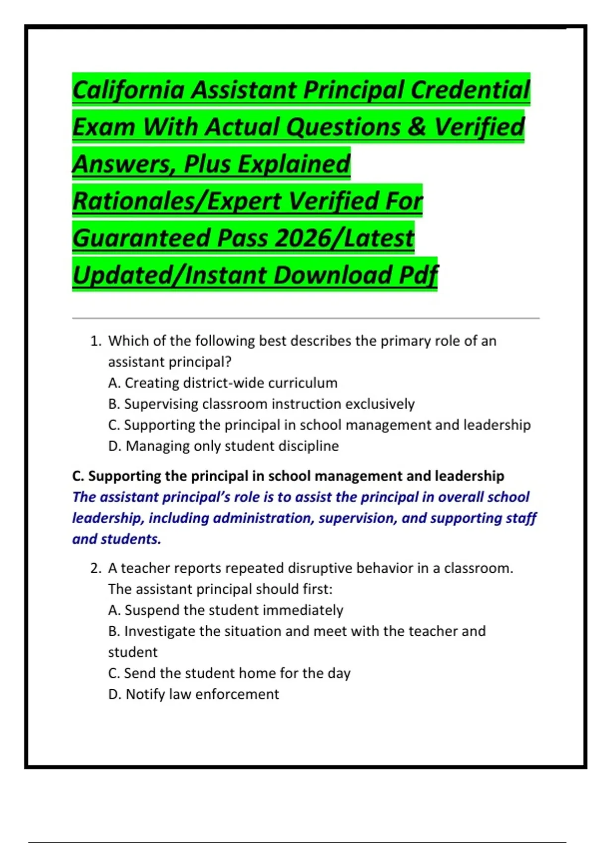 California Assistant Principal Credential Exam With Actual Questions ...