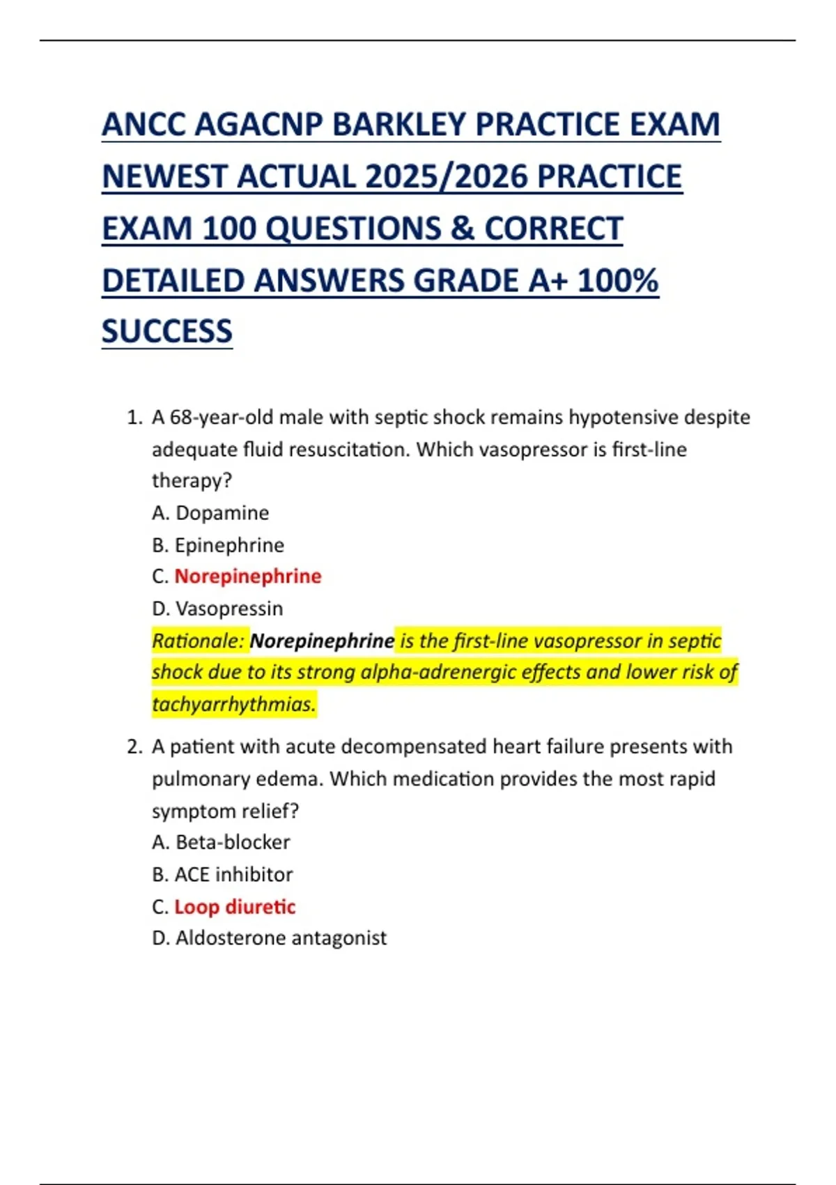 ANCC AGACNP BARKLEY PRACTICE EXAM NEWEST ACTUAL 2025/2026 PRACTICE EXAM ...
