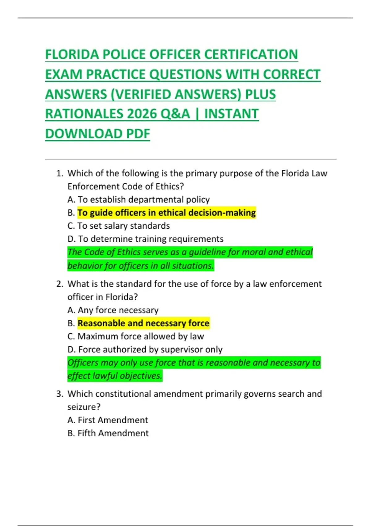 FLORIDA POLICE OFFICER CERTIFICATION EXAM PRACTICE QUESTIONS WITH ...