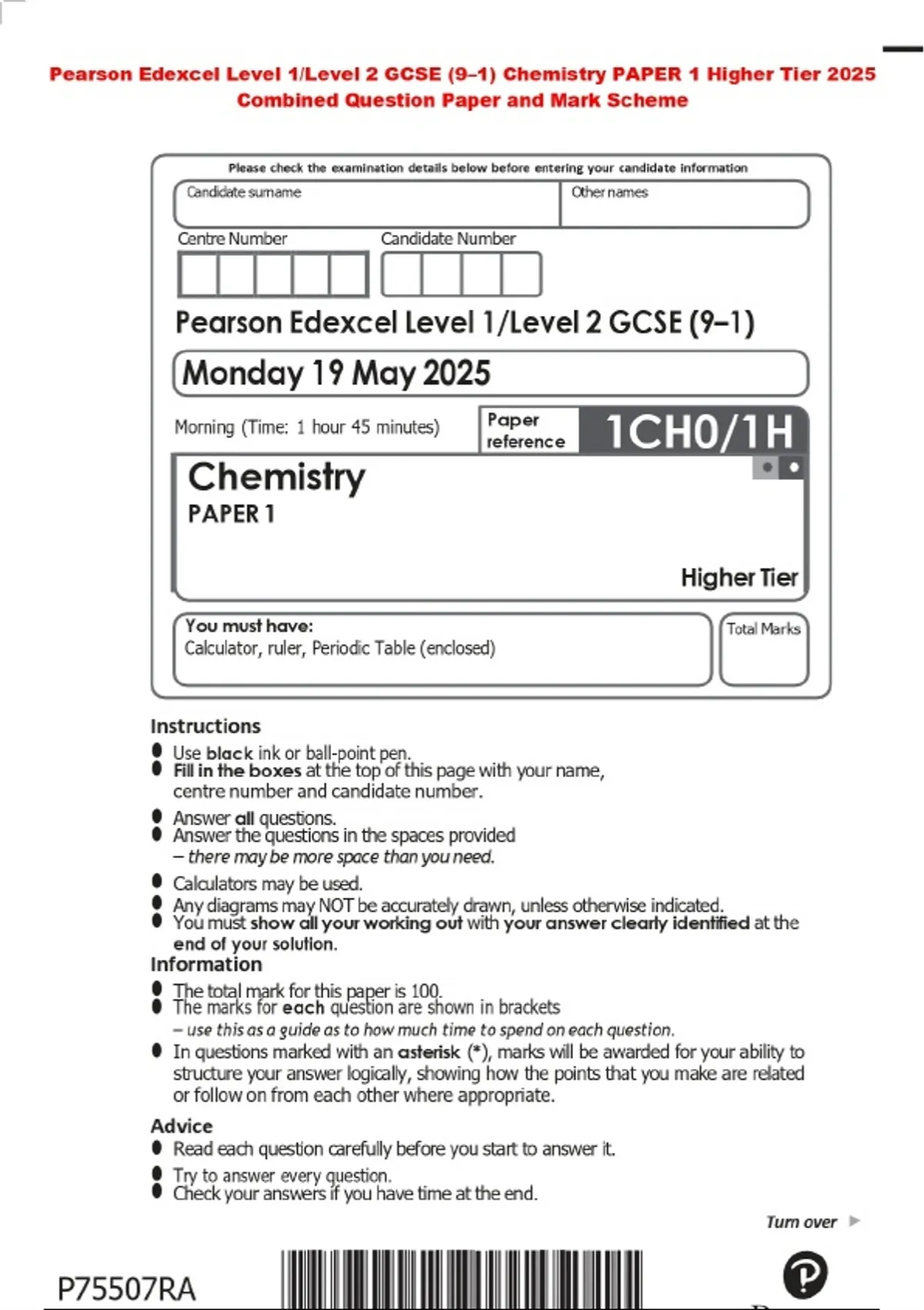 Pearson Edexcel Level 1/Level 2 GCSE (9–1) Chemistry PAPER 1 Higher ...