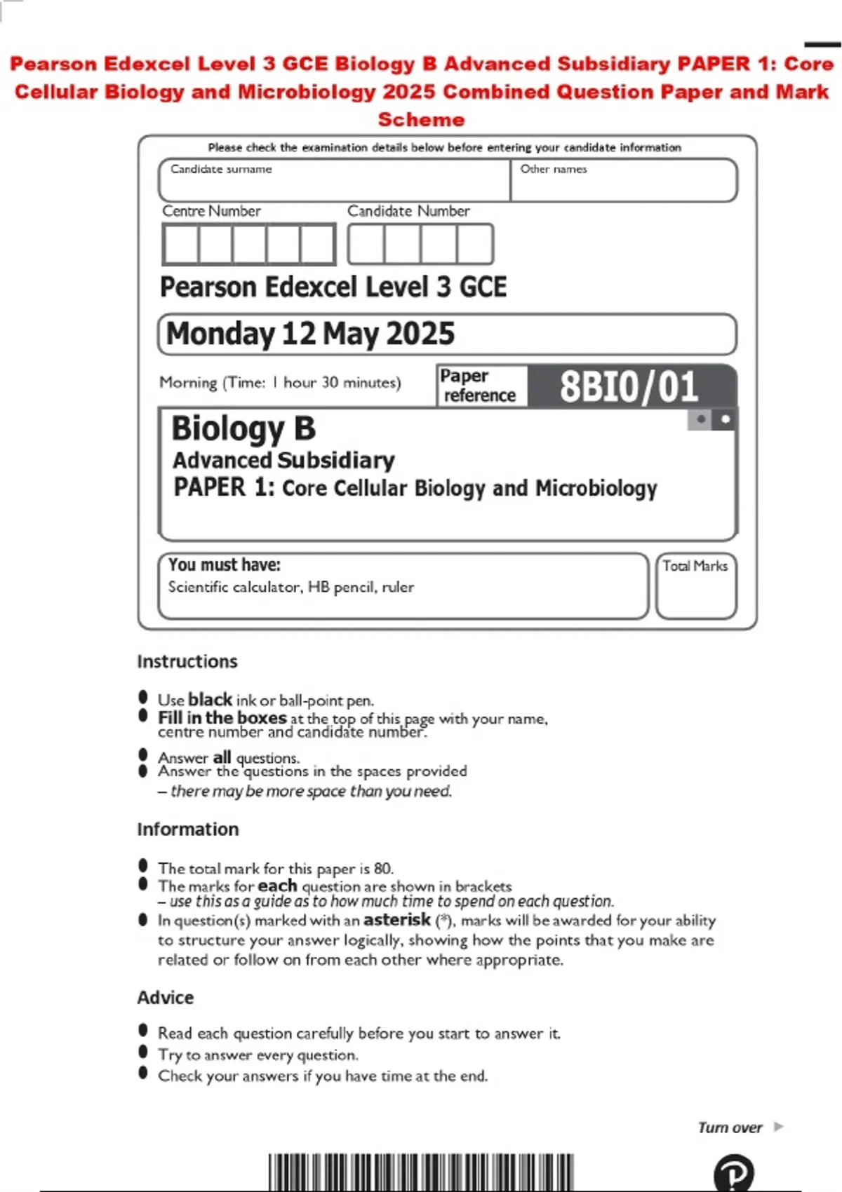 Pearson Edexcel Level 3 GCE Biology B Advanced Subsidiary PAPER 1: Core ...