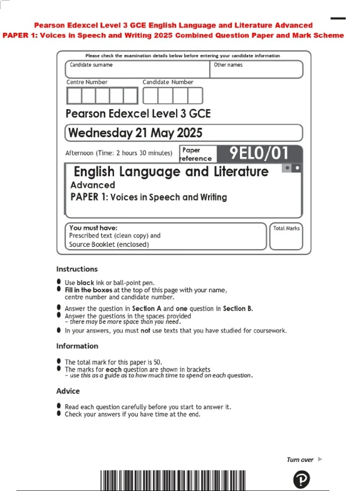 Pearson Edexcel Level 3 GCE English Language and Literature Advanced ...
