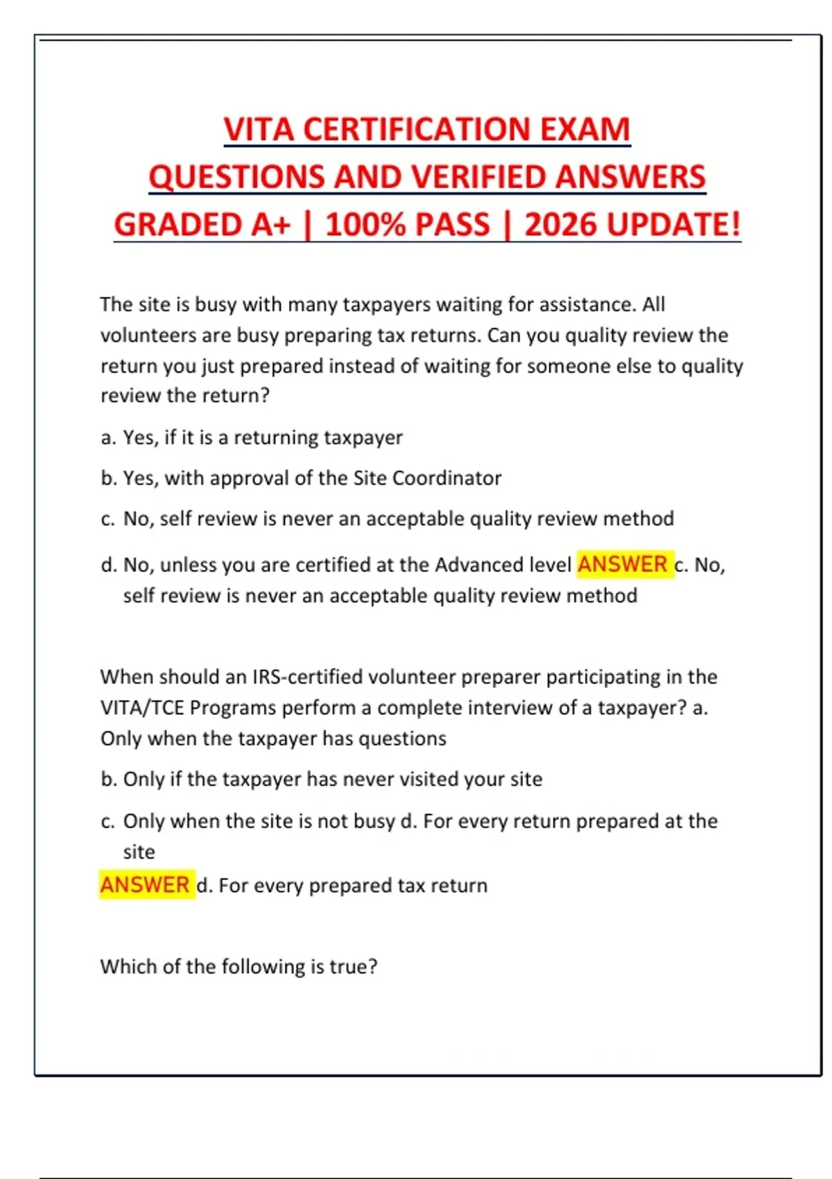VITA CERTIFICATION EXAM QUESTIONS AND VERIFIED ANSWERS GRADED A+ | 100% ...