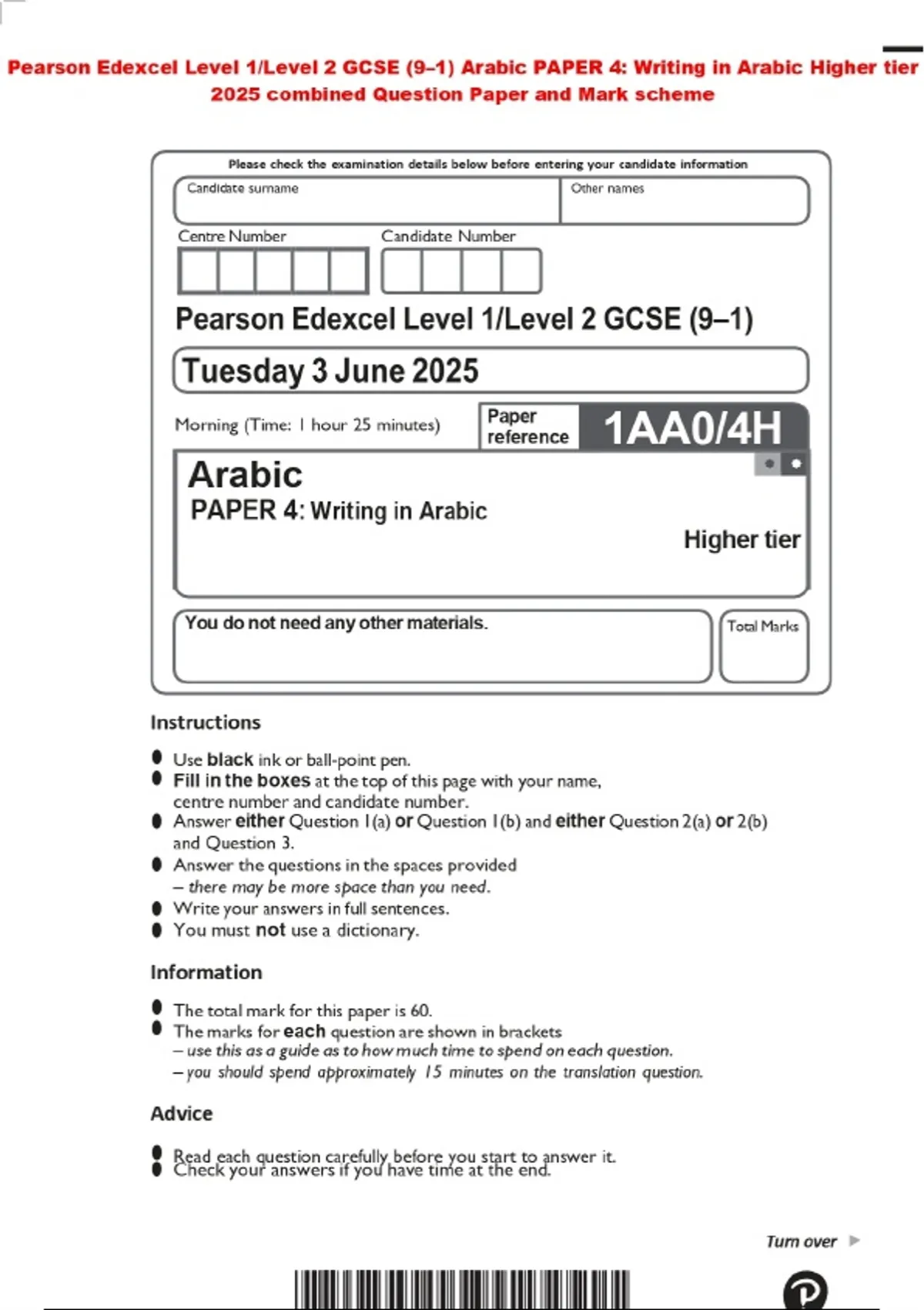 Pearson Edexcel Level 1/Level 2 GCSE (9–1) Arabic PAPER 4: Writing in ...